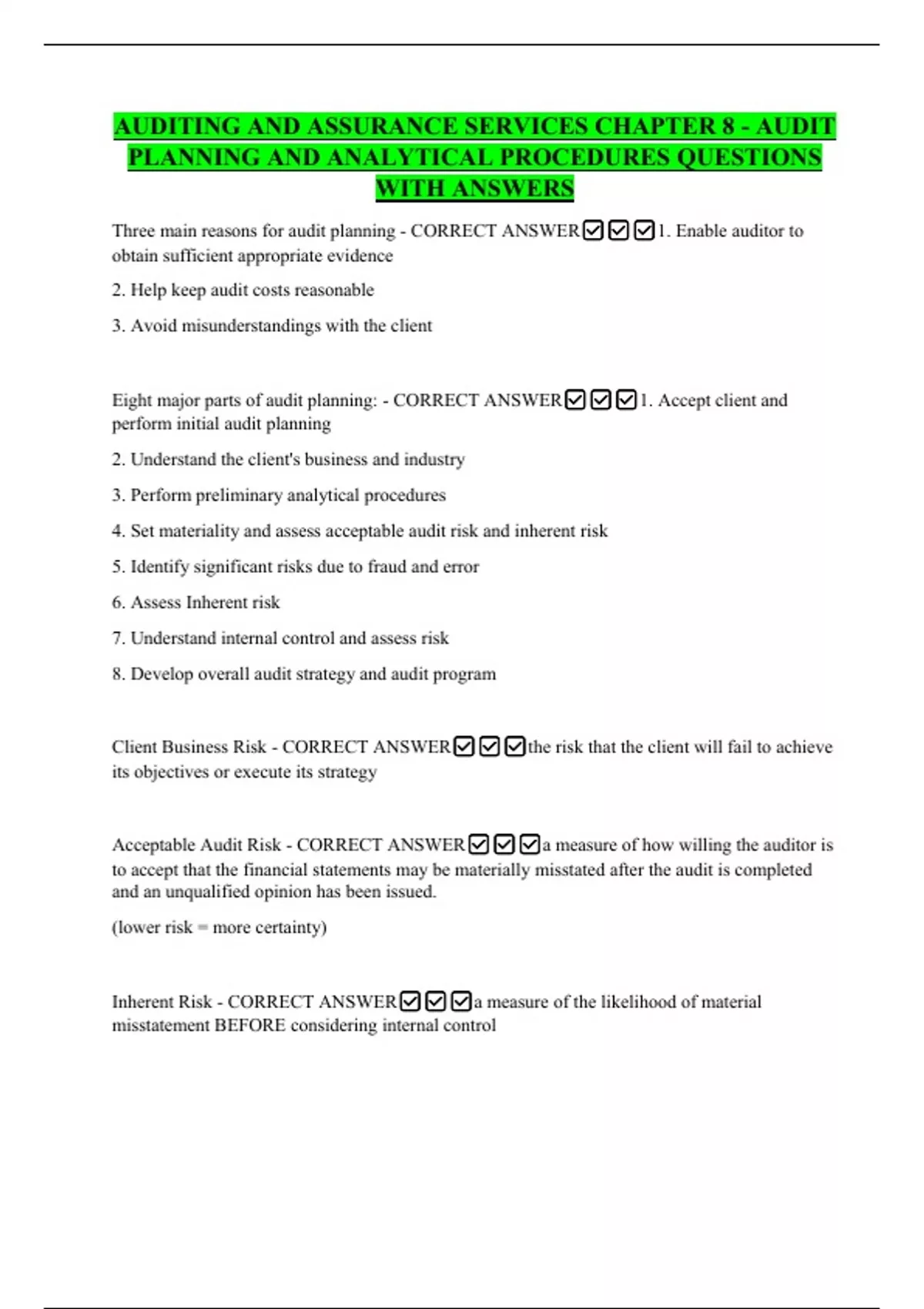 AUDITING AND ASSURANCE SERVICES CHAPTER 8 - AUDIT PLANNING AND ...