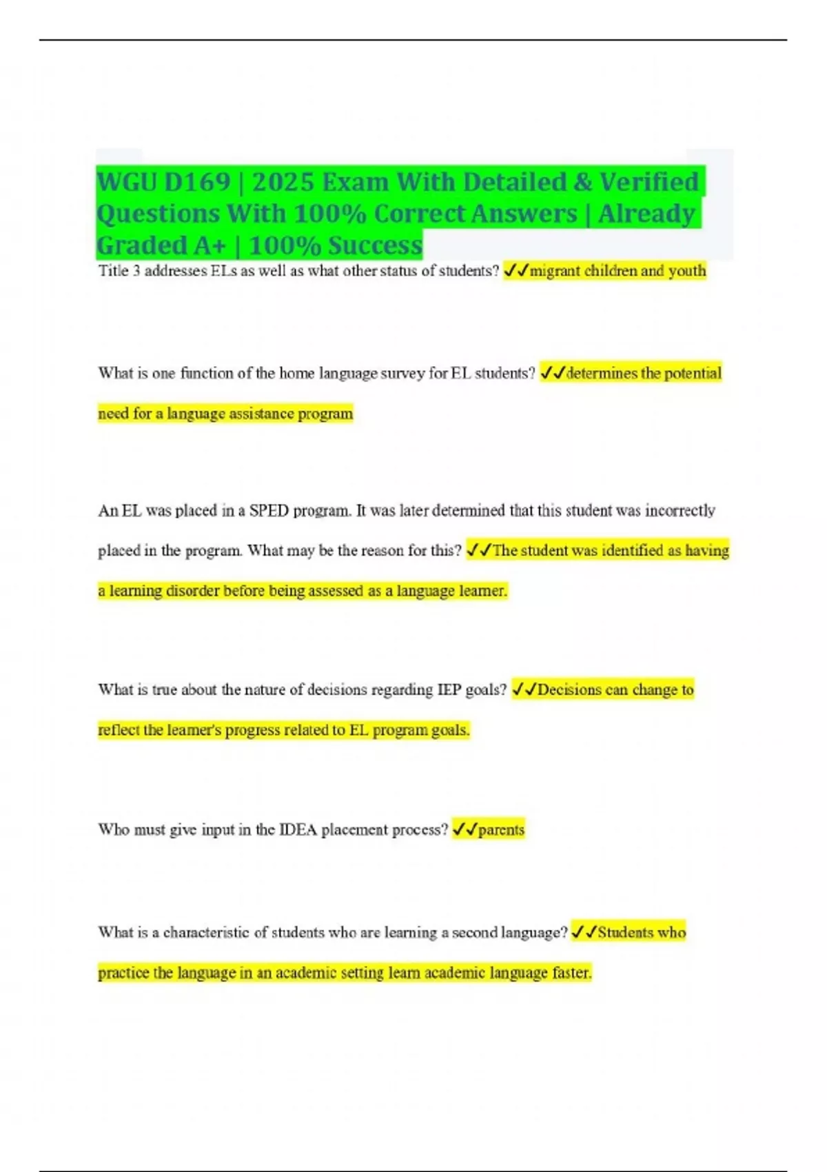 WGU D169 | 2025 Exam With Detailed & Verified Questions With 100% Correct Answers | Already ...