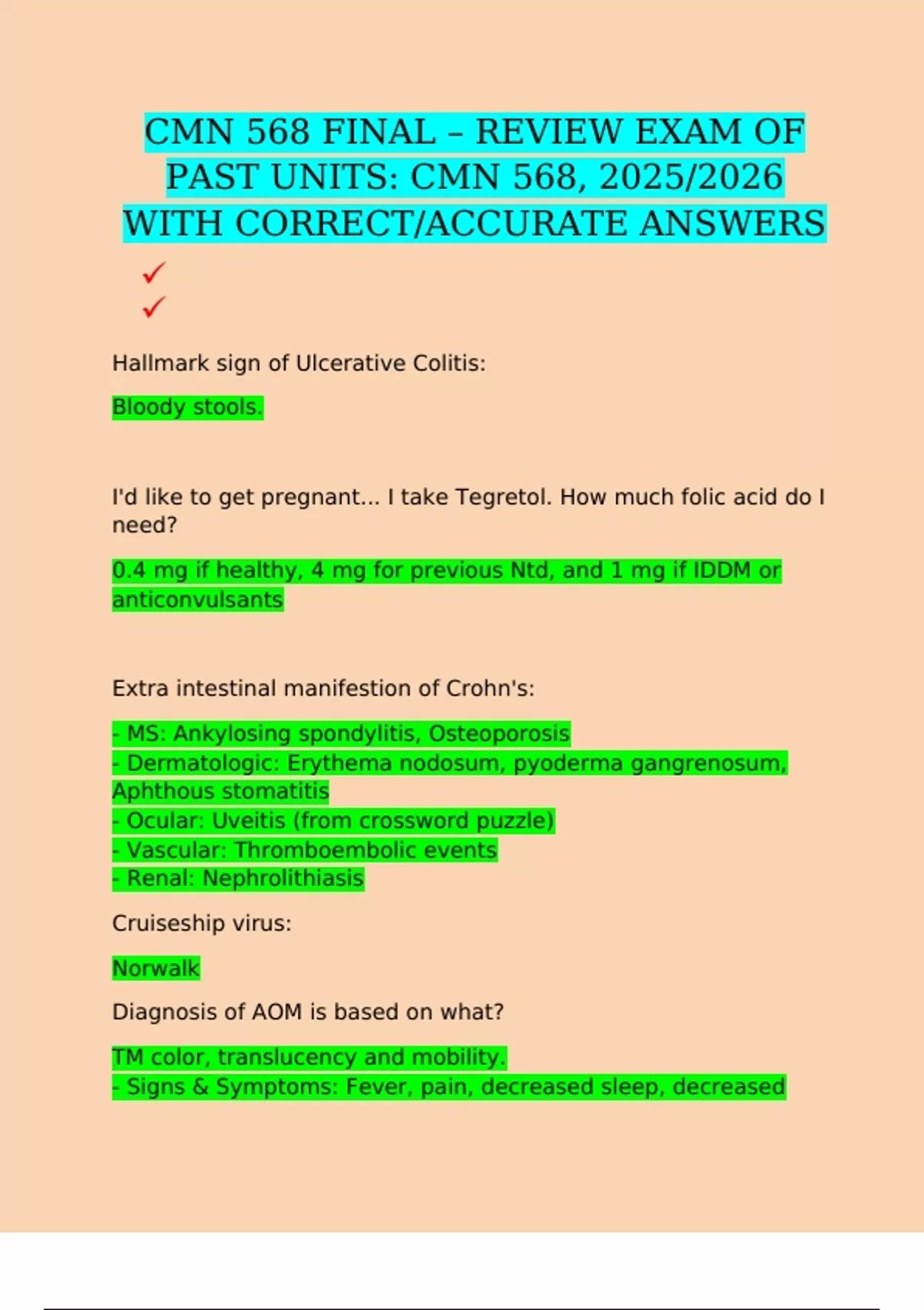 CMN 568 FINAL – REVIEW EXAM OF PAST UNITS: CMN 568, 2025/2026 WITH ...