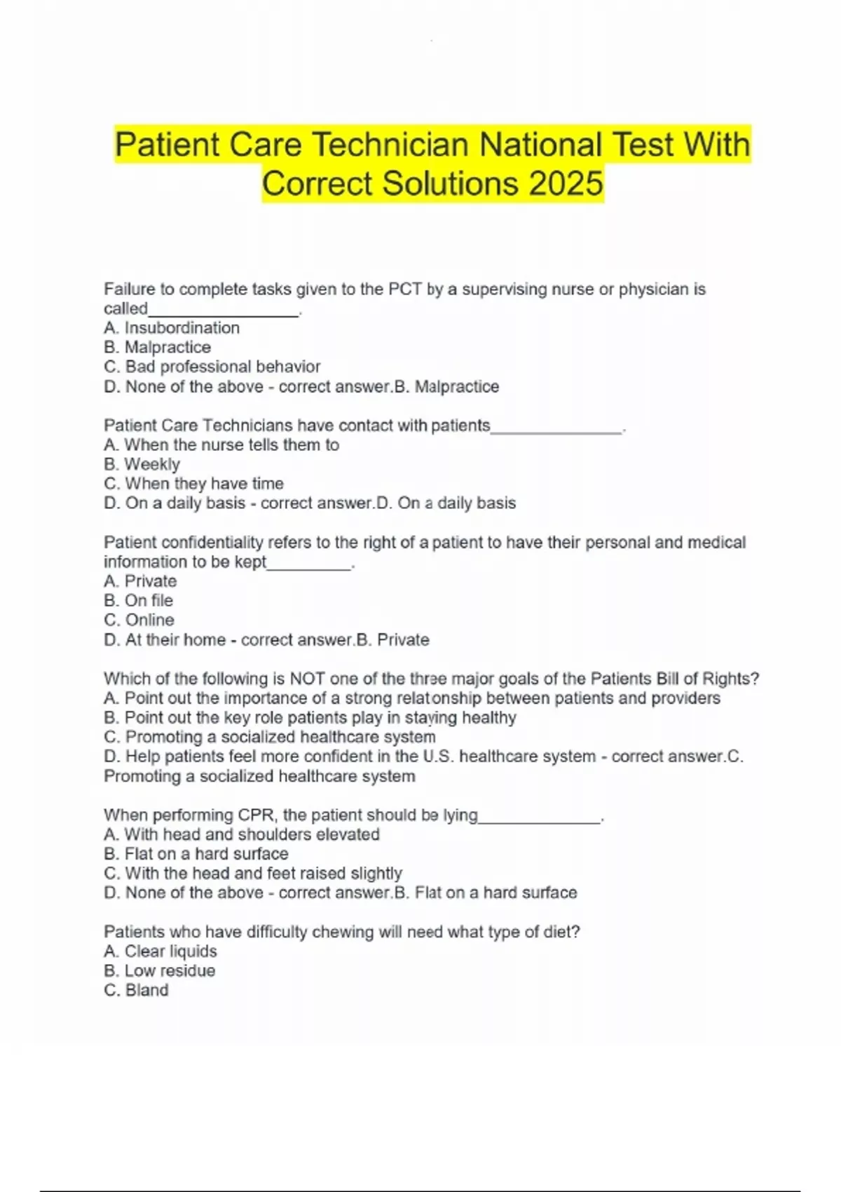 Patient Care Technician National Test With Correct Solutions 2025 ...