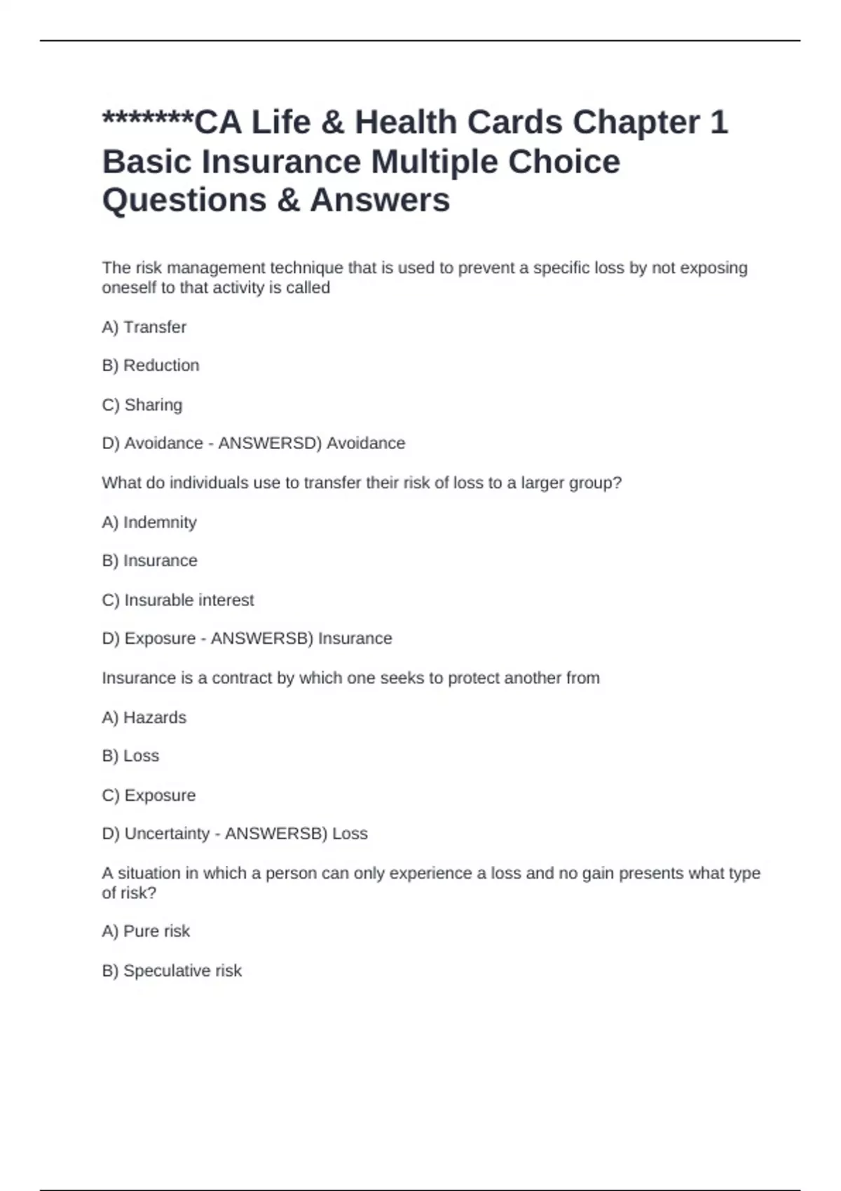 CA Life & Health Cards Chapter 1 Basic Insurance Multiple Choice ...