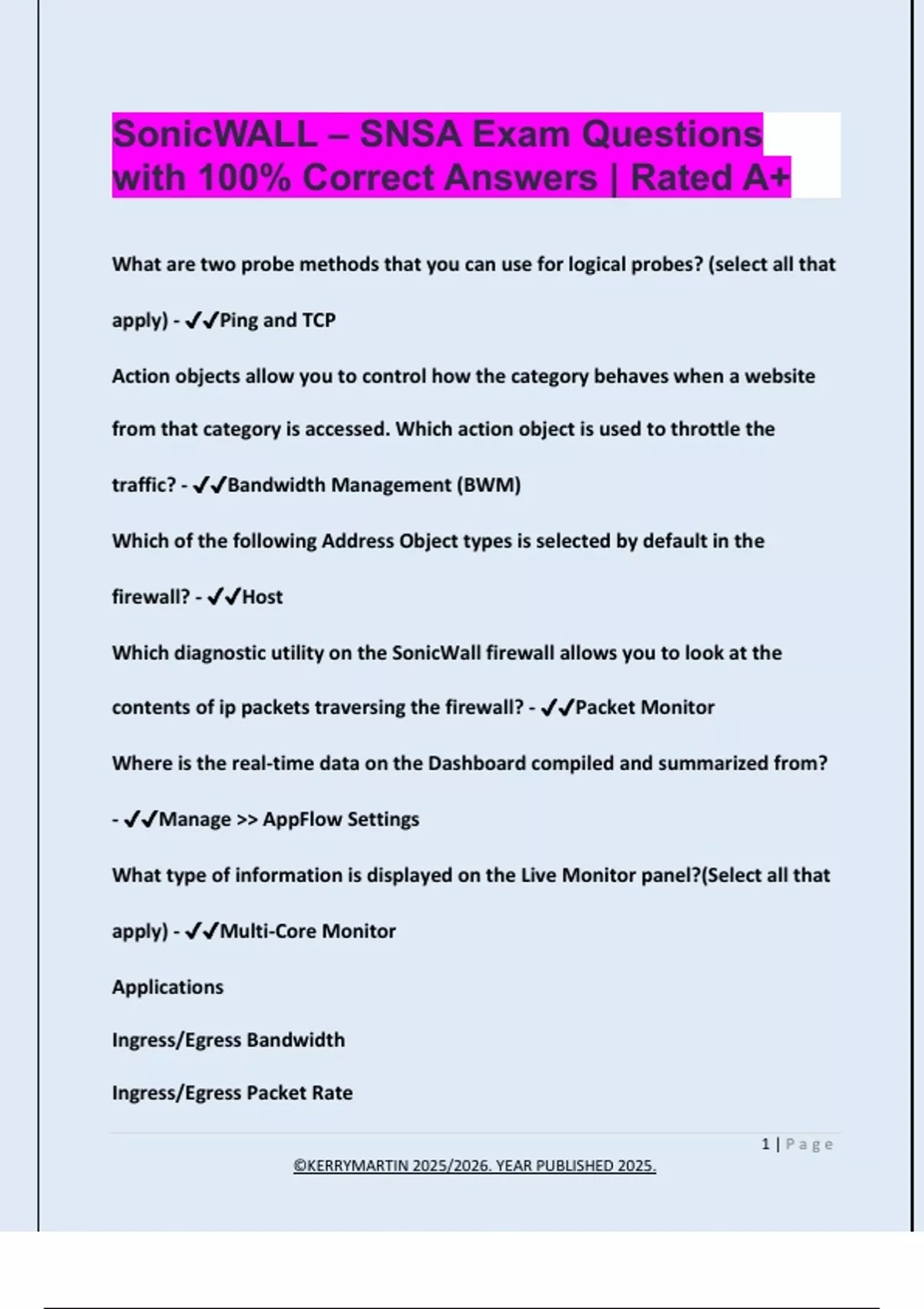 SonicWALL – SNSA Exam Questions with 100% Correct Answers | Rated A+ ...