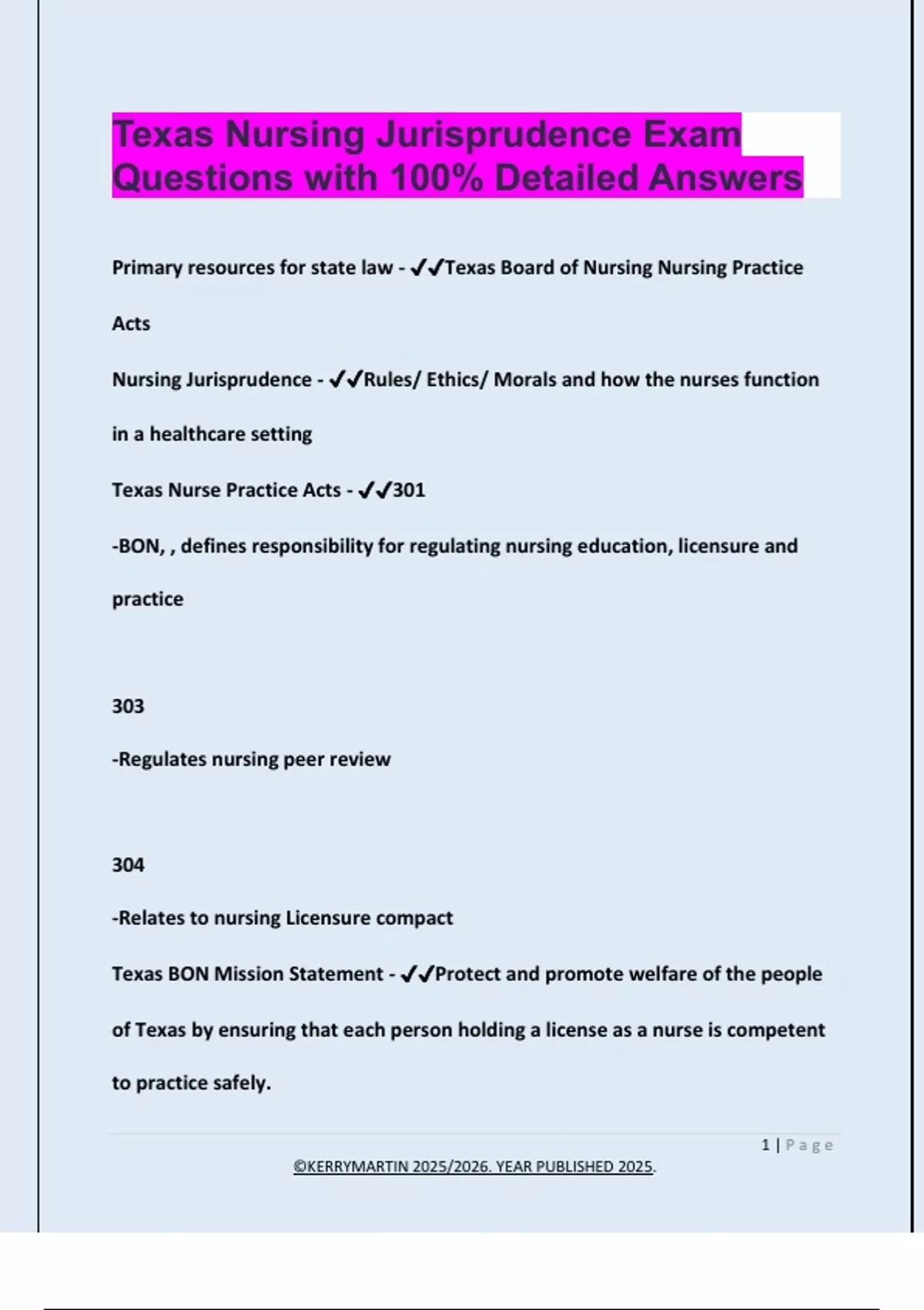 Texas Nursing Jurisprudence Exam Questions with 100% Detailed Answers ...