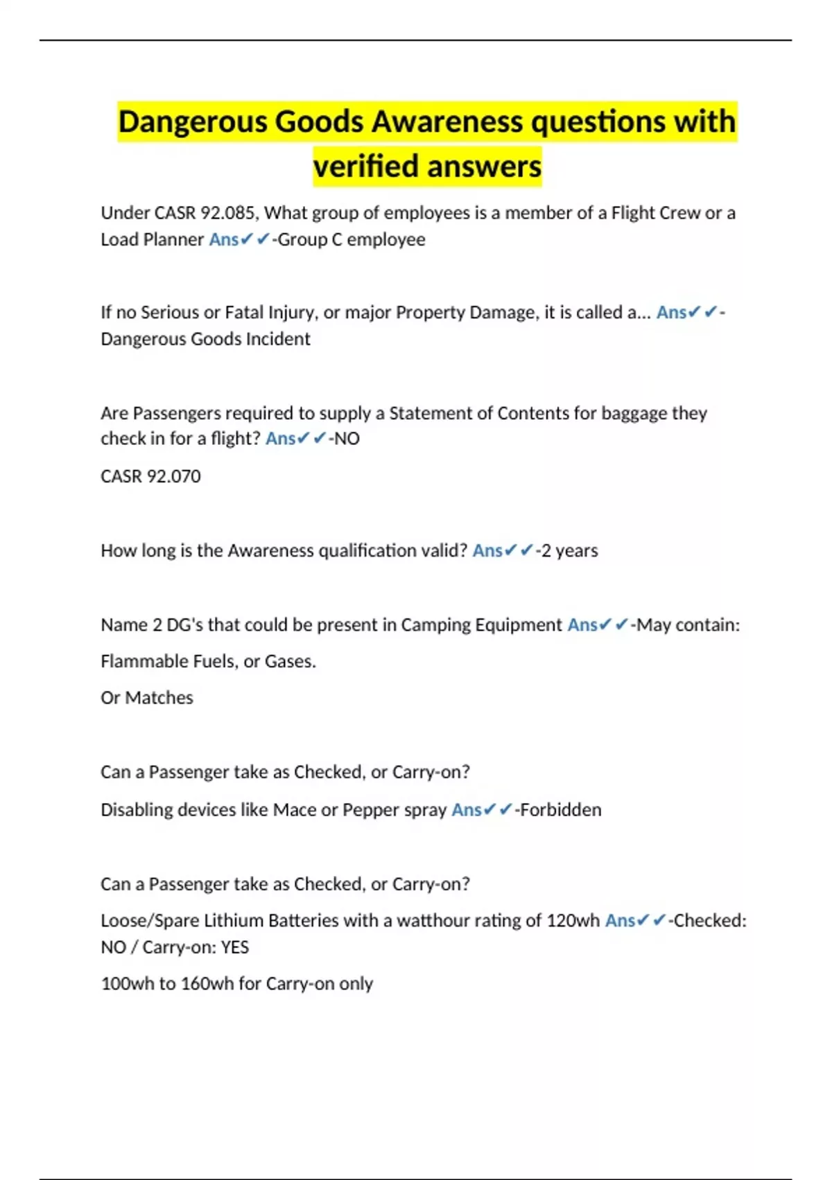 Dangerous Goods Awareness questions with verified answers. - Dangerous ...