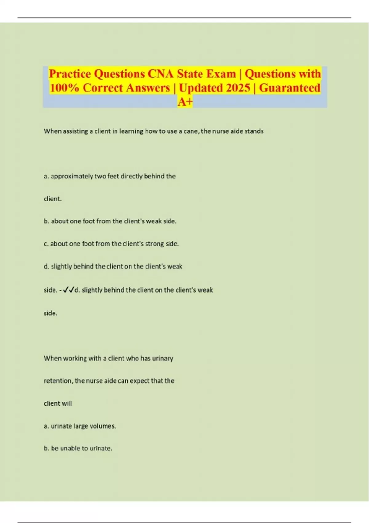 Practice Questions CNA State Exam | Questions with 100% Correct Answers ...