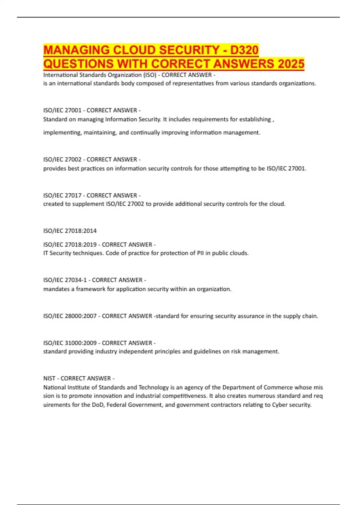MANAGING CLOUD SECURITY - D320 QUESTIONS WITH CORRECT ANSWERS 2025 - D320 - Managing Cloud ...