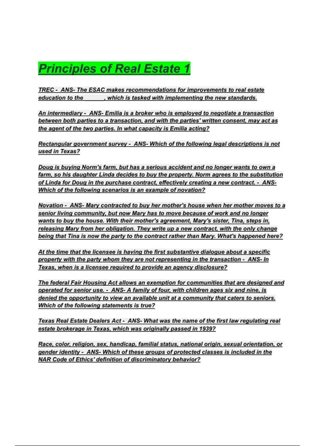 Principles of Real Estate 1 Exam Questions with correct Answers 2025/ ...