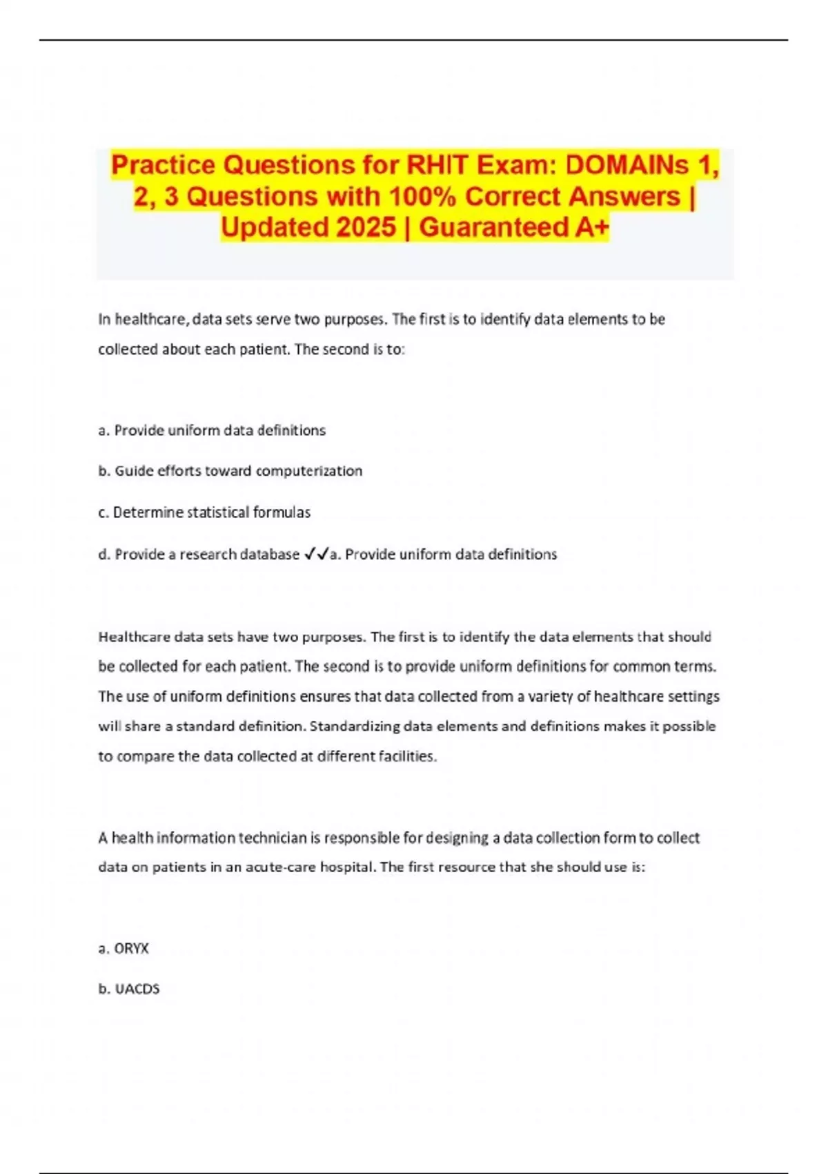 Practice Questions for RHIT Exam: DOMAINs 1, 2, 3 Questions with 100% ...