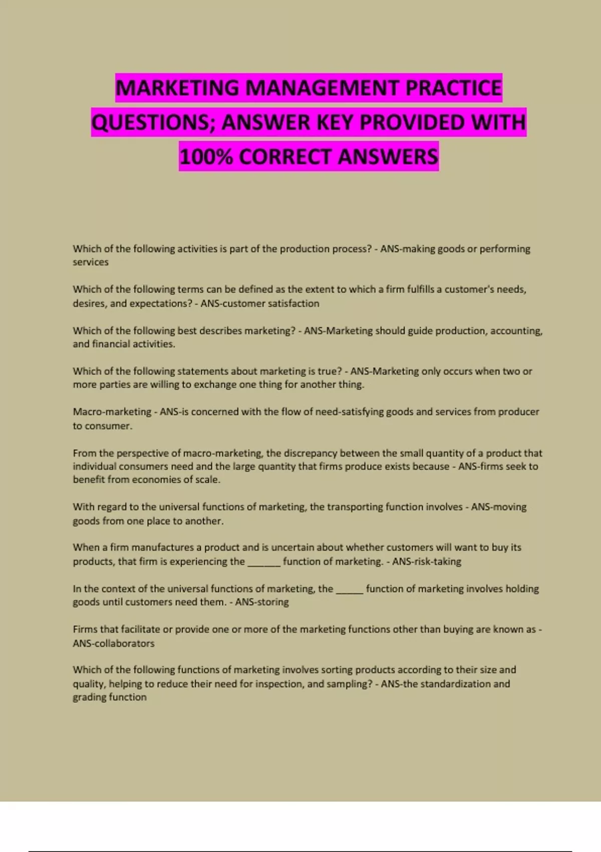 MARKETING MANAGEMENT PRACTICE QUESTIONS; ANSWER KEY PROVIDED WITH 100% ...