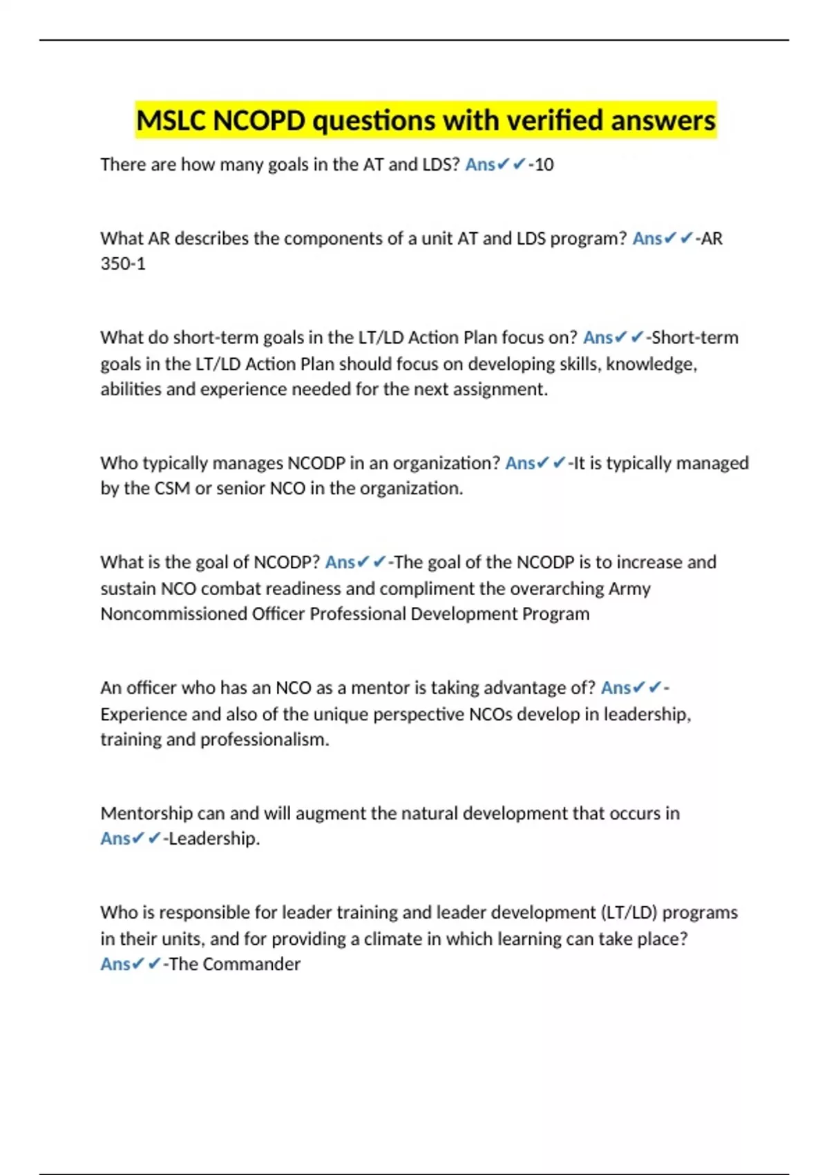 MSLC NCOPD questions with verified answers. - MSLC - Stuvia US