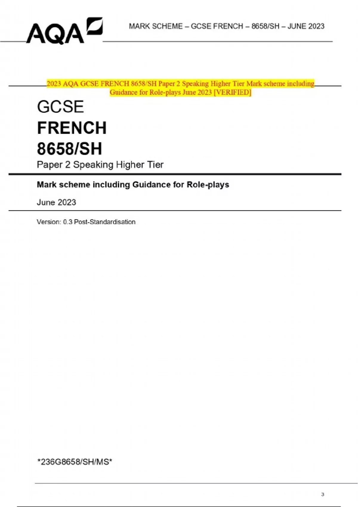 2023 AQA GCSE FRENCH 8658/SH Paper 2 Speaking Higher Tier Mark scheme ...