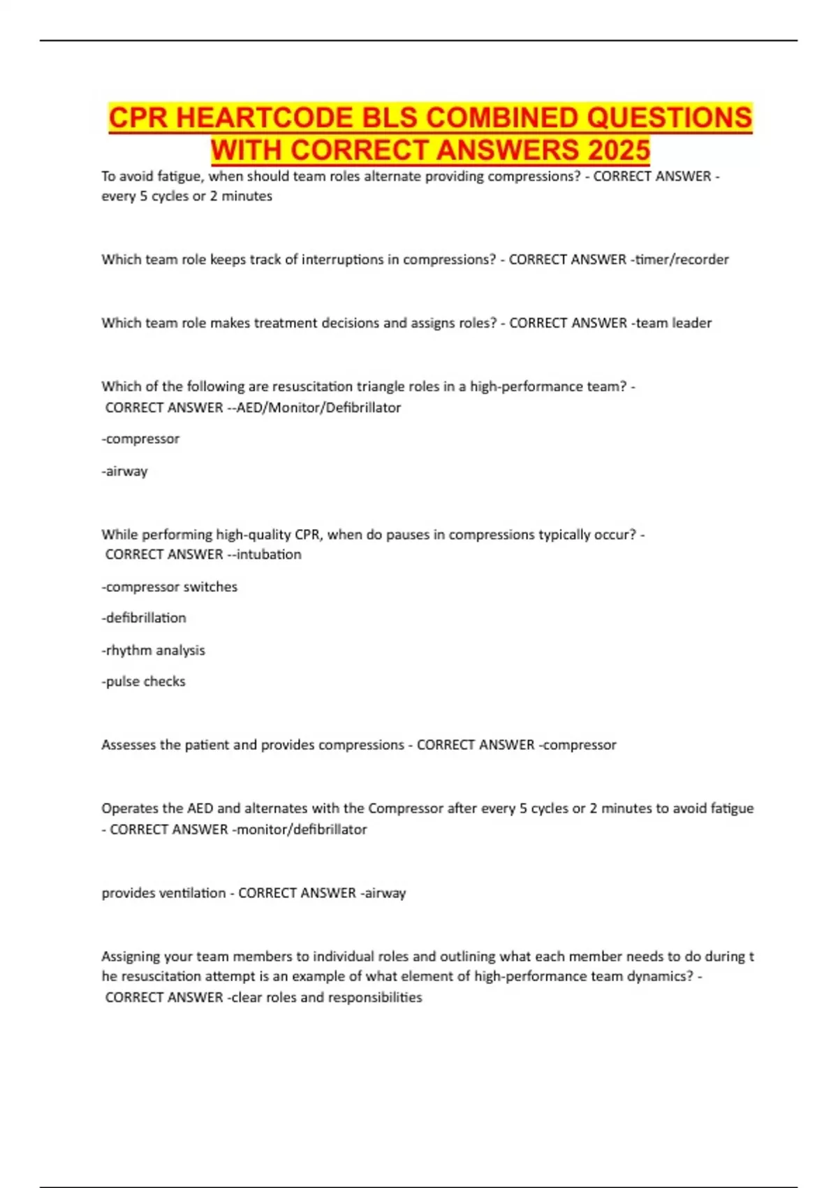 CPR HEARTCODE BLS COMBINED QUESTIONS WITH CORRECT ANSWERS 2025 ...