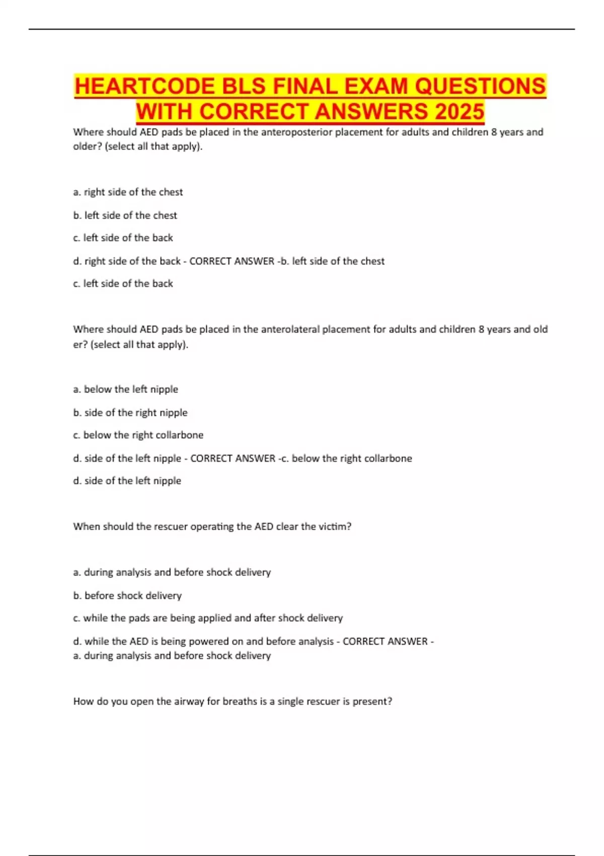 HEARTCODE BLS FINAL EXAM QUESTIONS WITH CORRECT ANSWERS 2025 ...