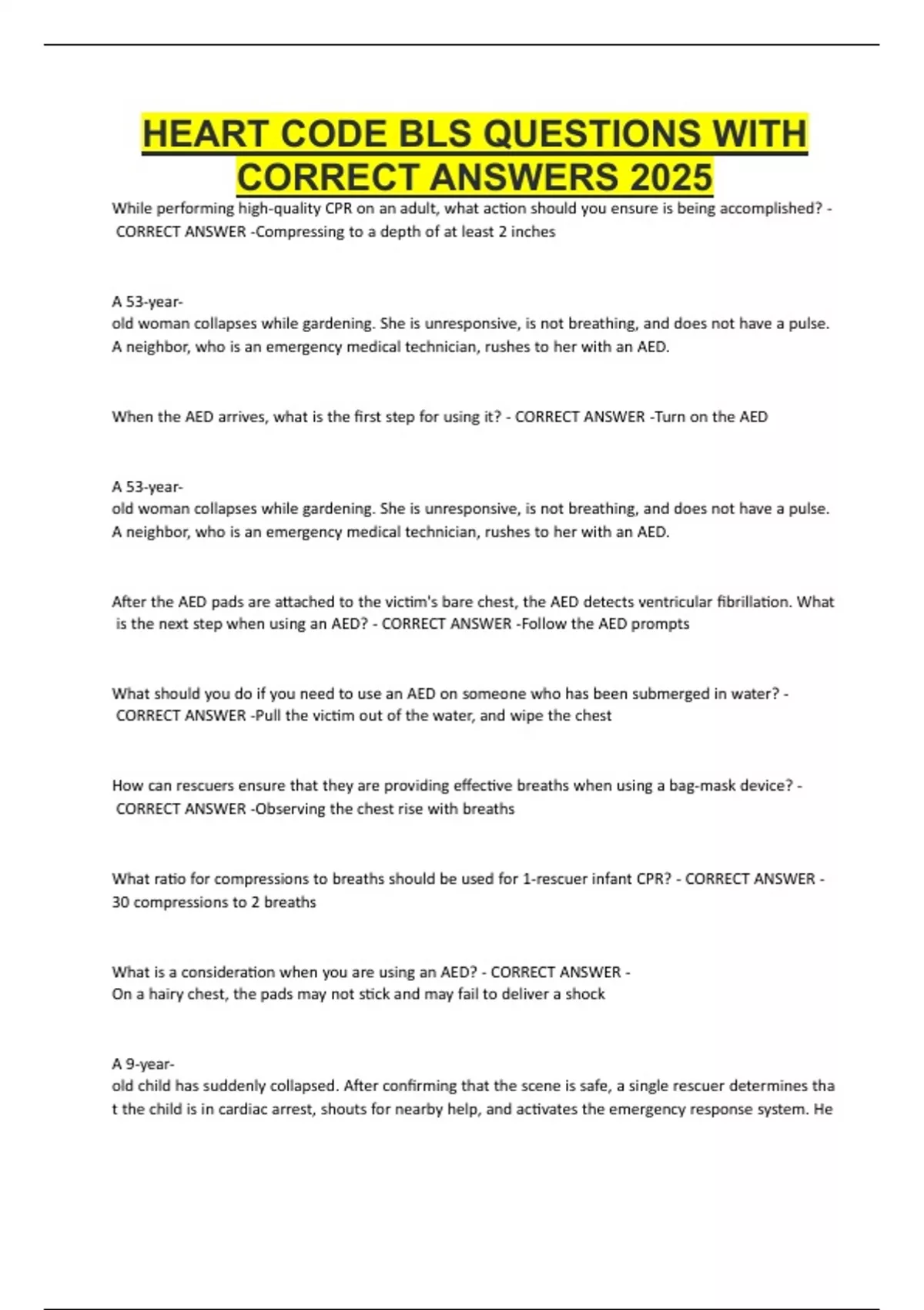 HEART CODE BLS QUESTIONS WITH CORRECT ANSWERS 2025 - HeartCode BLS ...