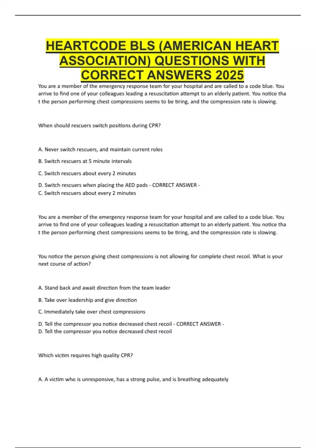 HEARTCODE BLS (AMERICAN HEART ASSOCIATION) QUESTIONS WITH CORRECT ...