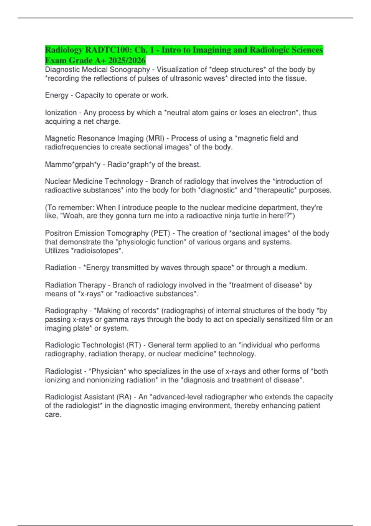 Radiology RADTC100: Ch. 1 - Intro to Imagining and Radiologic Sciences ...