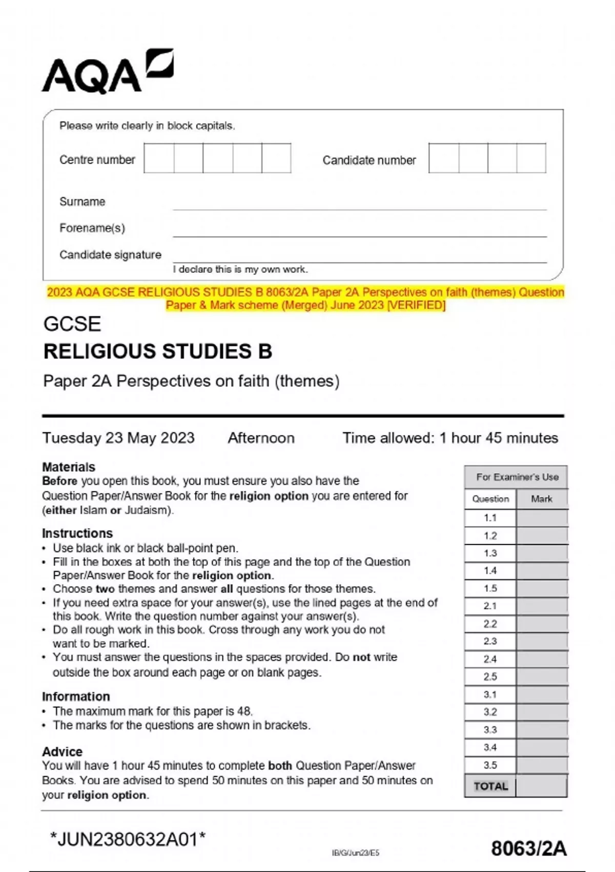 2023 AQA GCSE RELIGIOUS STUDIES B 8063/2A Paper 2A Perspectives on ...