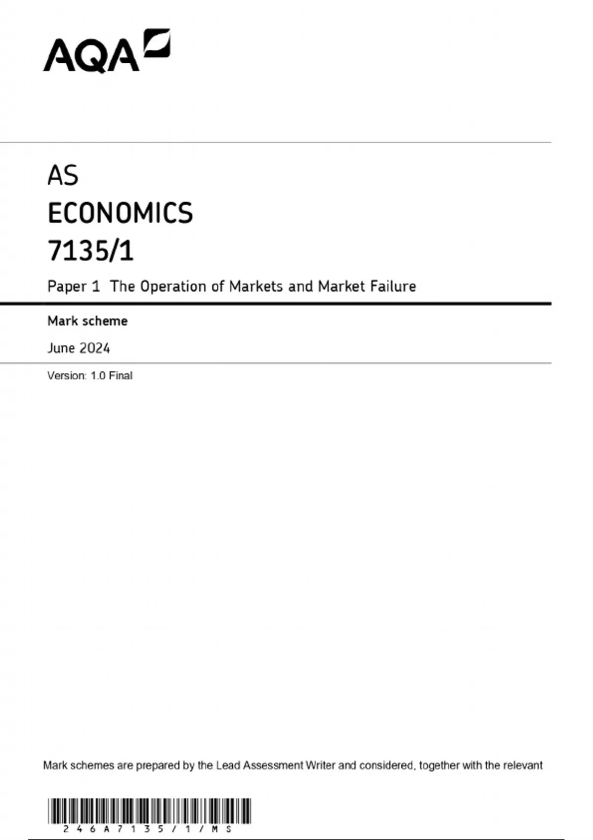 AQA AS ECONOMICS 7135/1 Paper 1 The Operation of Markets and Market ...