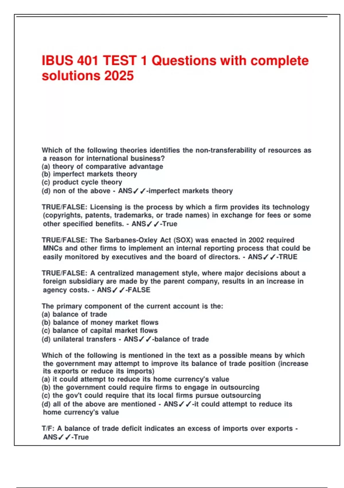 IBUS 401 TEST 1 Questions with complete solutions 2025. - IBUS 401 ...