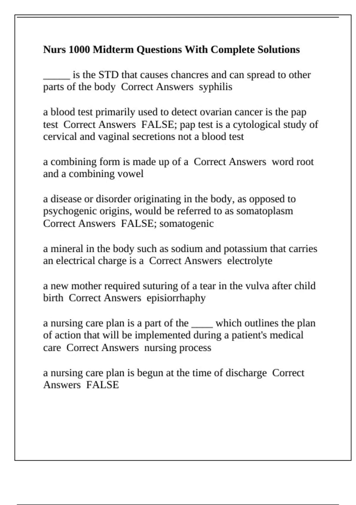Nurs 1000 Midterm Questions With Complete Solutions - Nurs 1000 - Stuvia US
