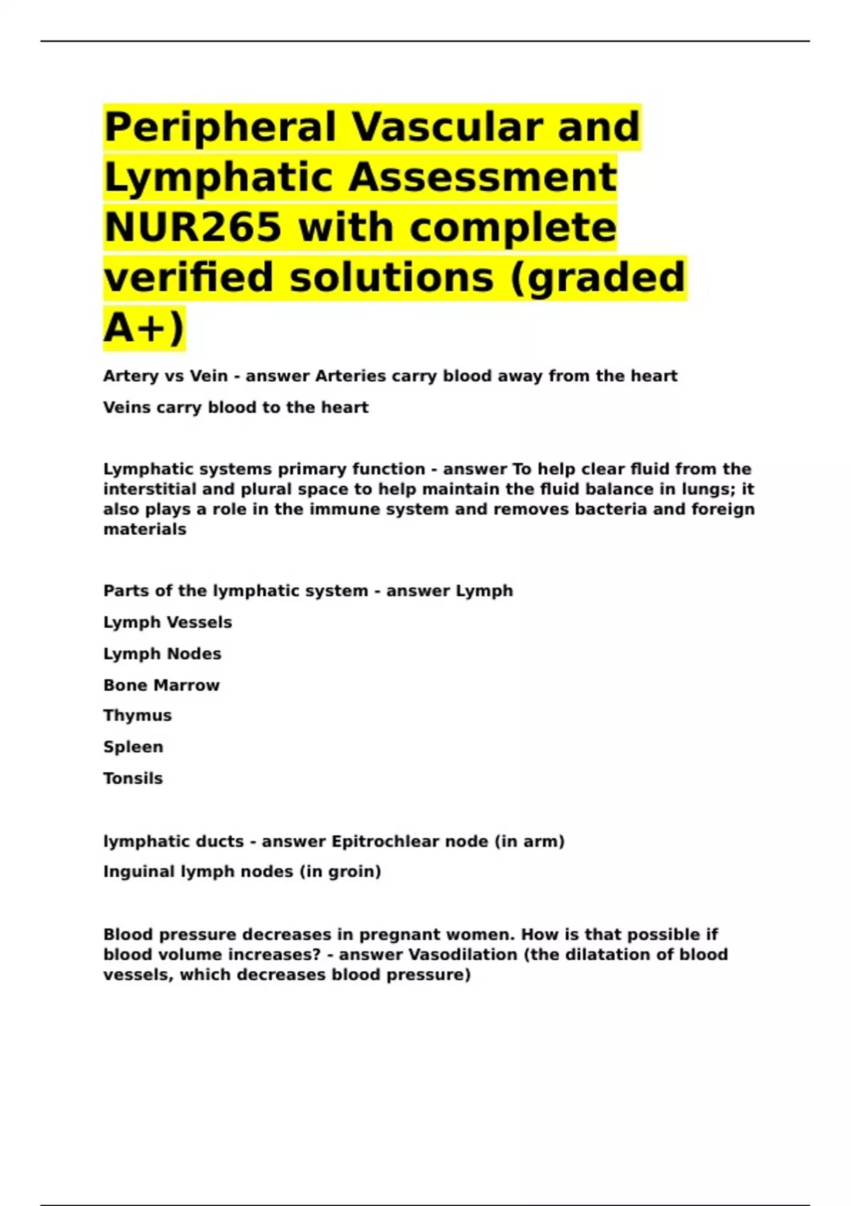 Peripheral Vascular and Lymphatic Assessment NUR265 with complete ...