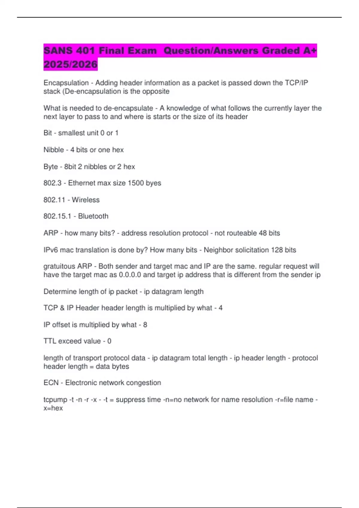 SANS 401 Final Exam Question/Answers Graded A+ 2025/2026 - SANS 401 ...