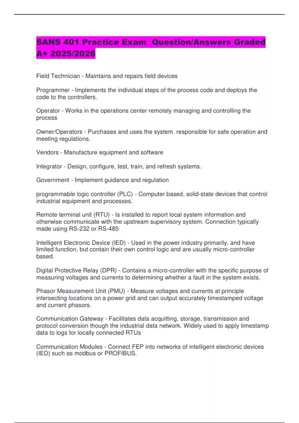 SANS 401 Final Exam Question/Answers Graded A+ 2025/2026 - SANS 401 ...