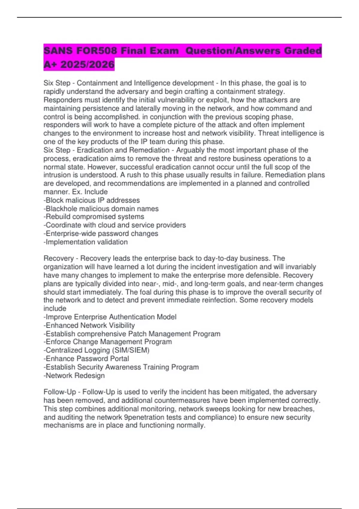 SANS FOR508 Final Exam Question/Answers Graded A+ 2025/2026 - SANS 511 ...