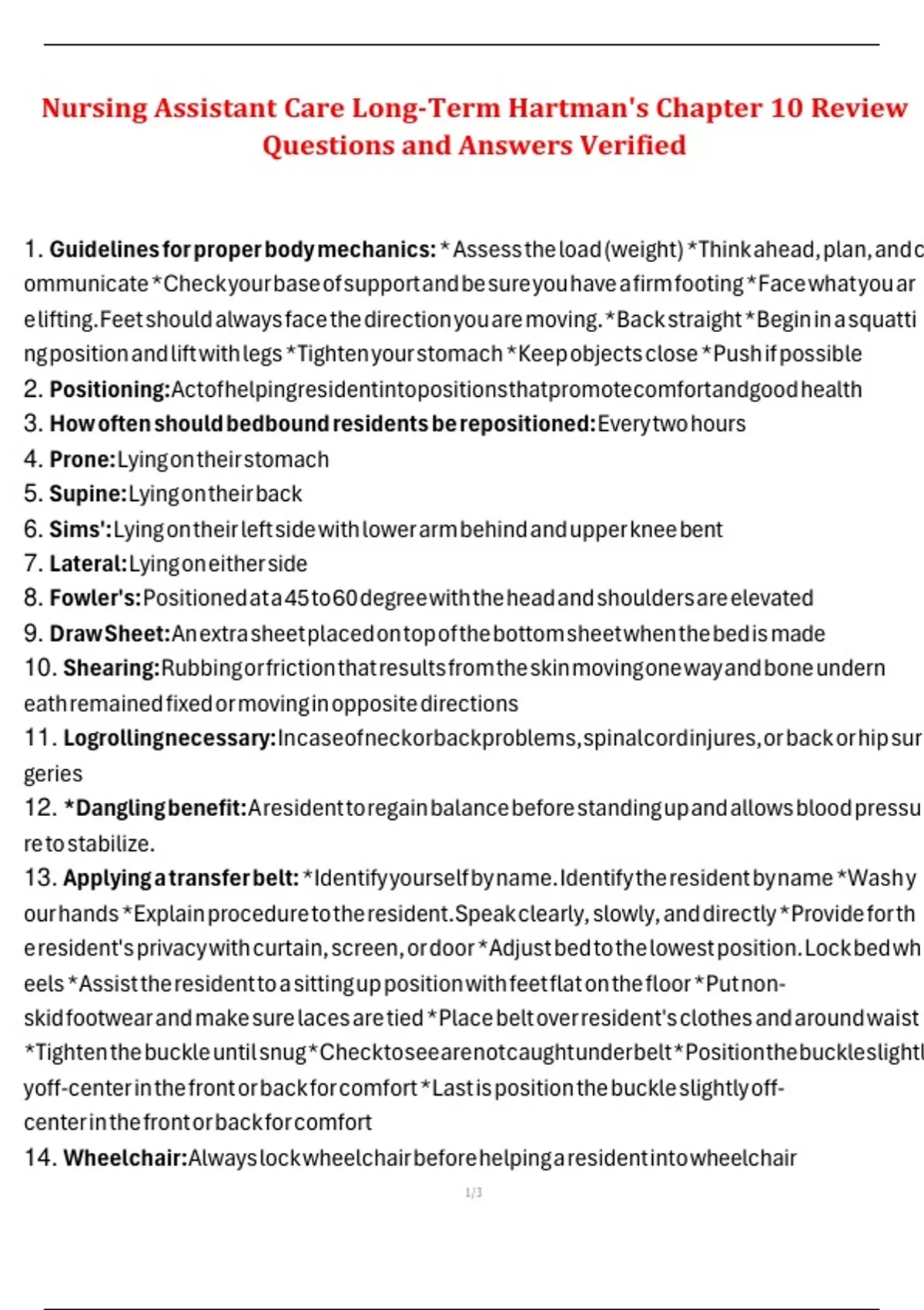 Nursing Assistant Care Long-Term Hartman's Chapter 10 Review Questions ...