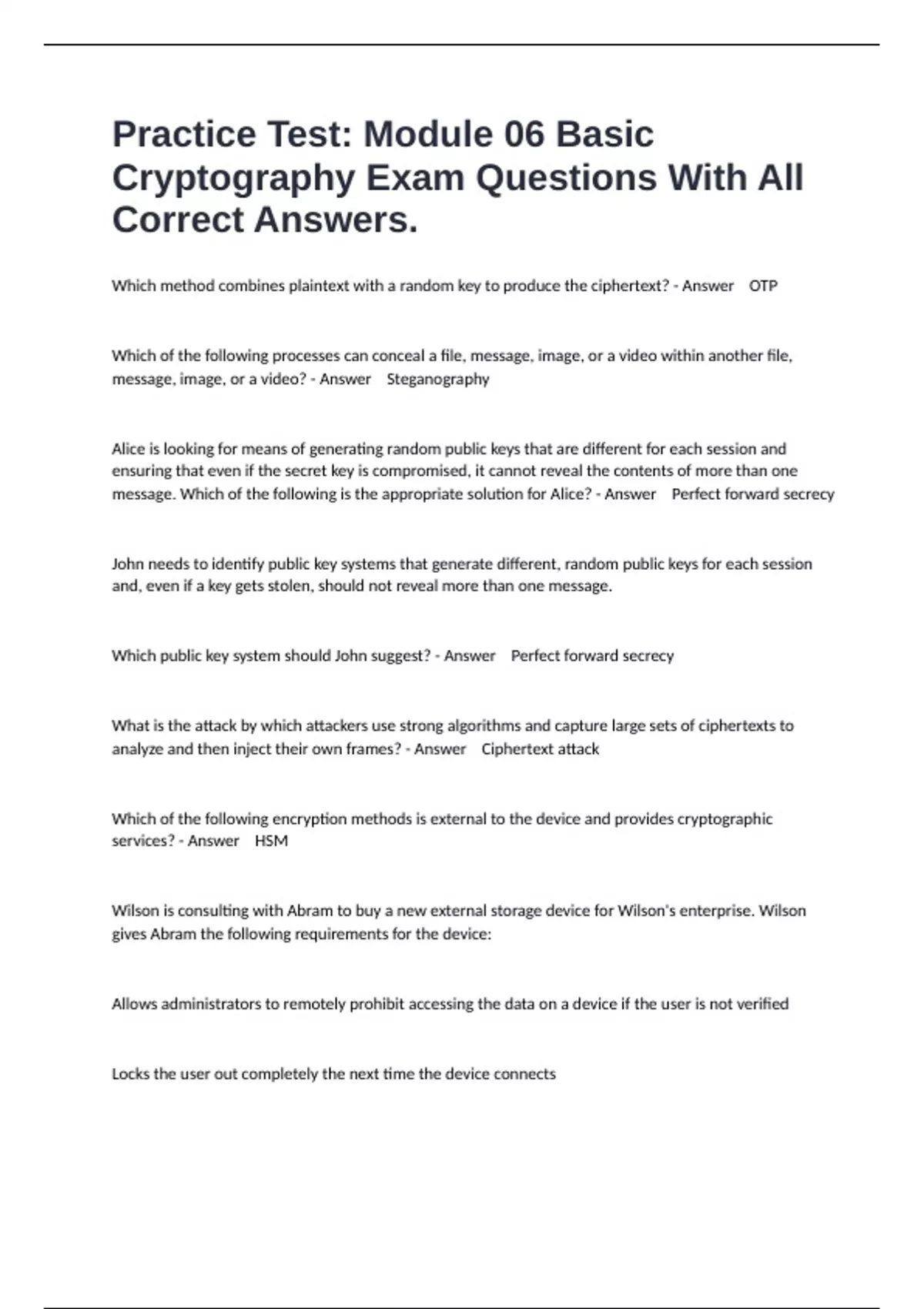 Practice Test Module 06 Basic Cryptography Exam Questions With All Correct Answers Basic