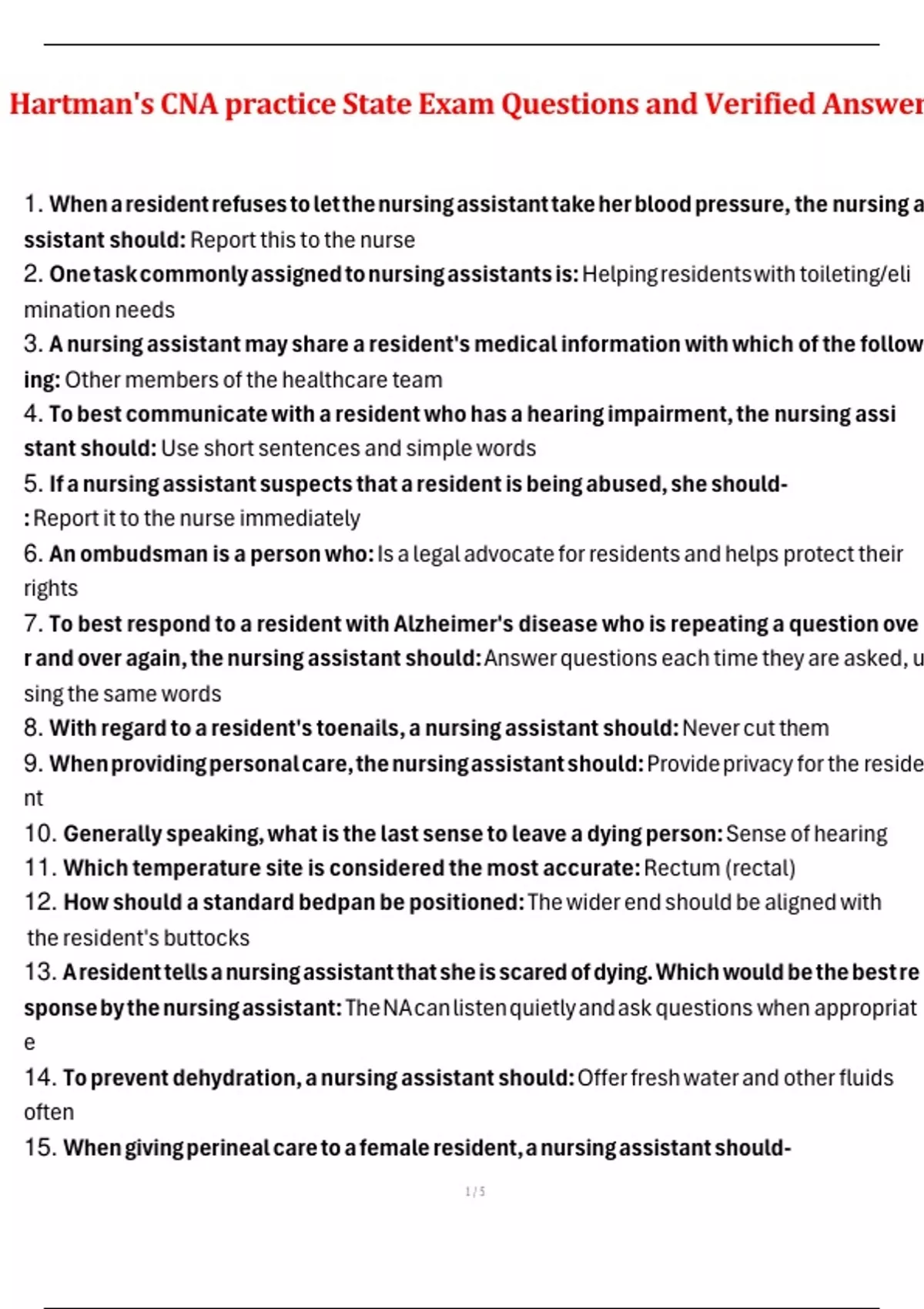 Hartman's CNA practice State Exam Questions and Verified Answers - Hartman\\\'s Nursing ...