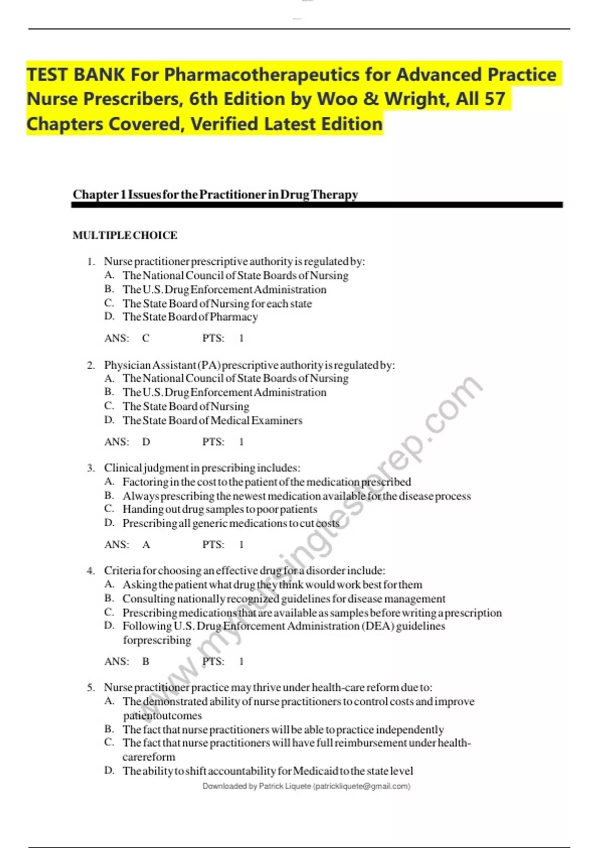 TEST BANK For Pharmacotherapeutics for Advanced Practice Nurse ...