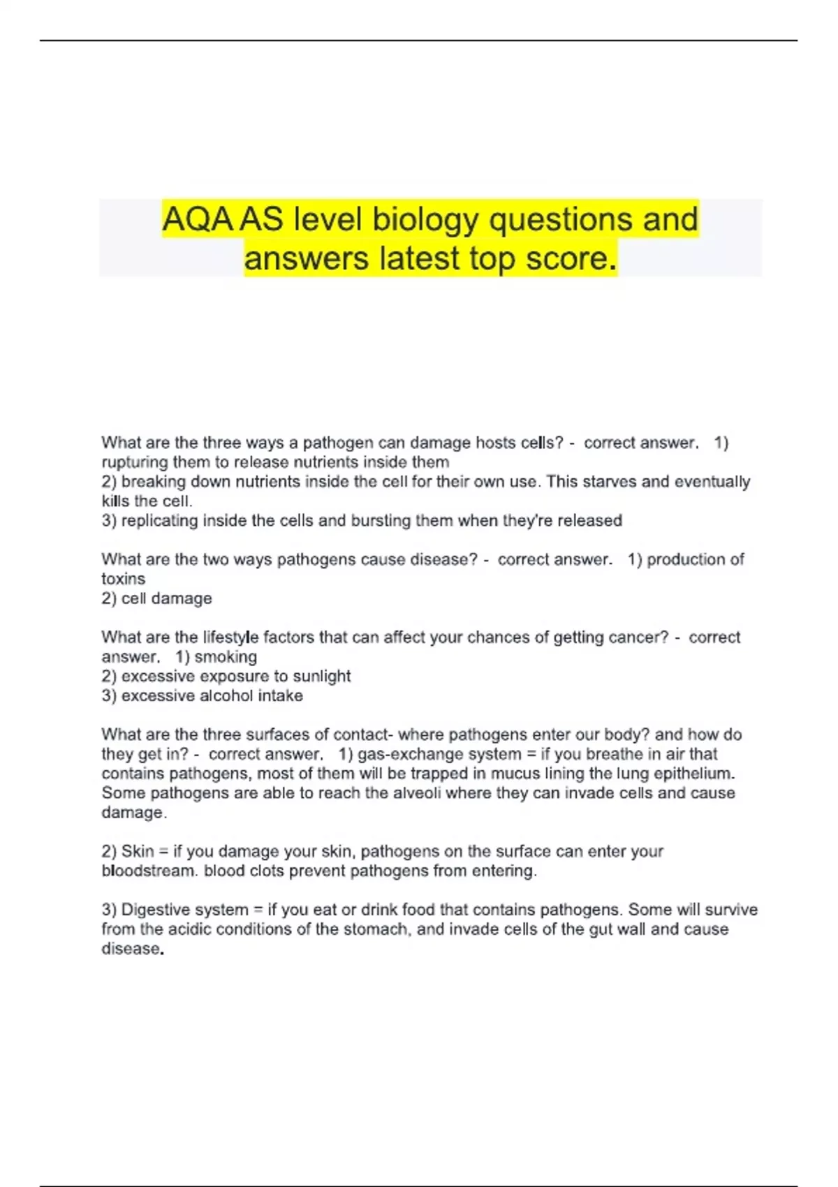 AQA AS level biology questions and answers latest top score - AQA ...