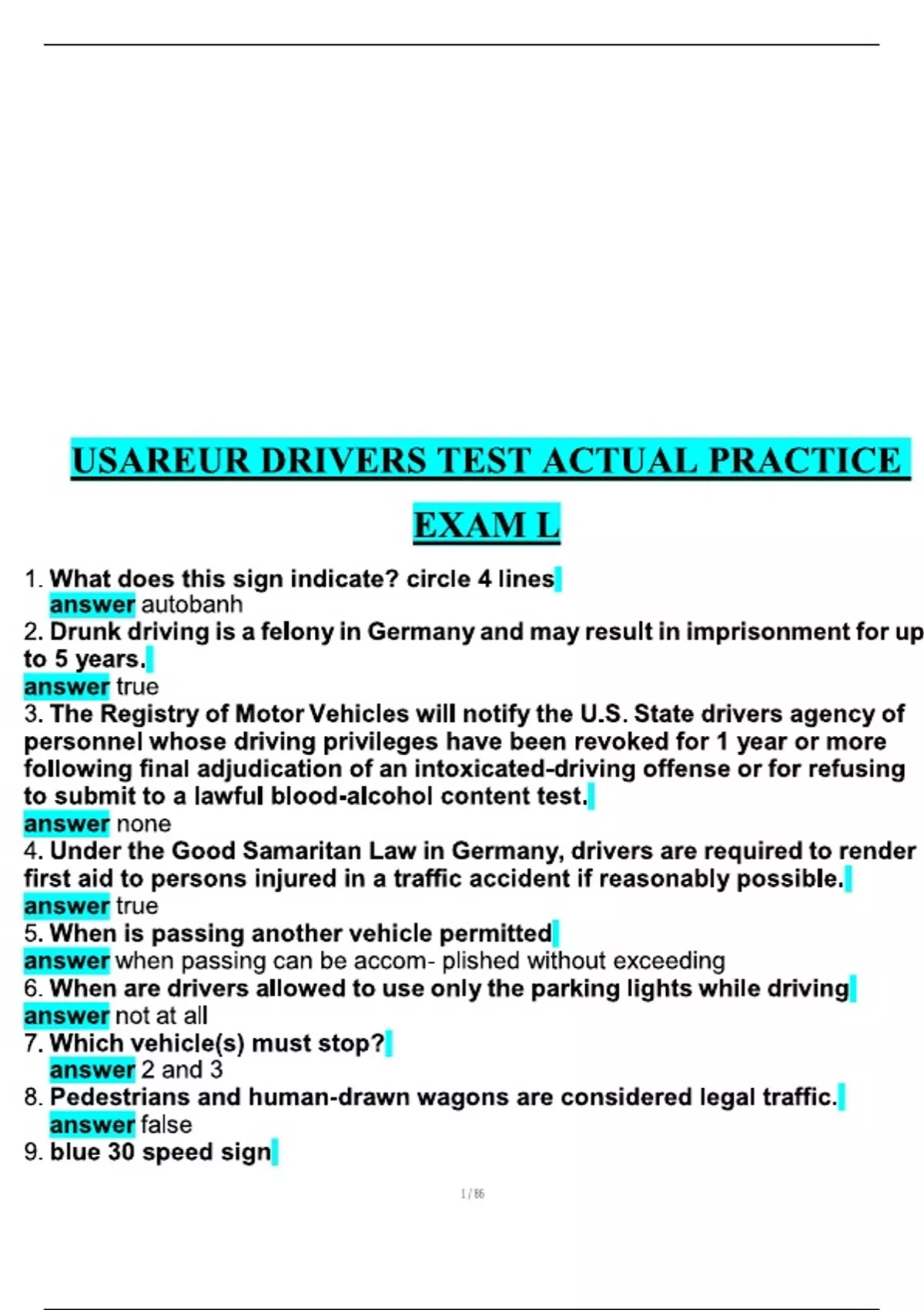 USAREUR, German Drivers License, drivers test EU, USAREUR Practice Exam ...