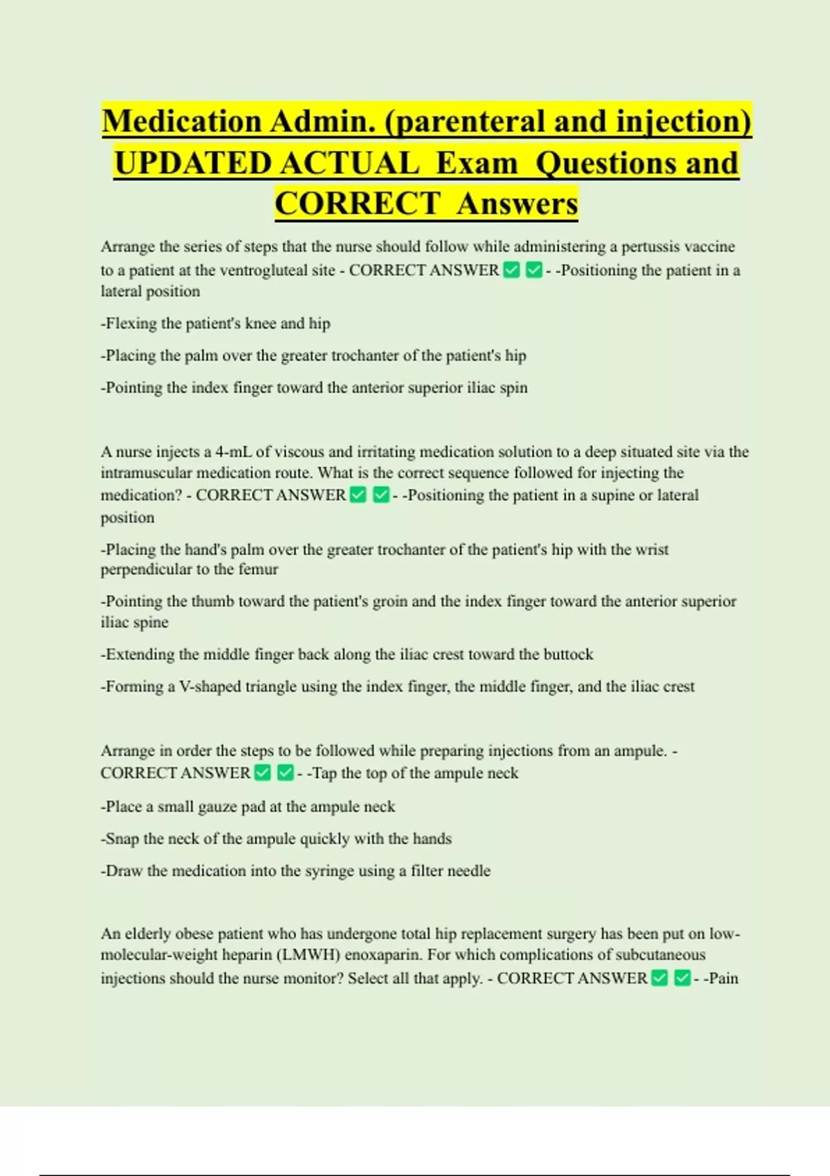 Medication Admin. (parenteral and injection) UPDATED ACTUAL Exam ...