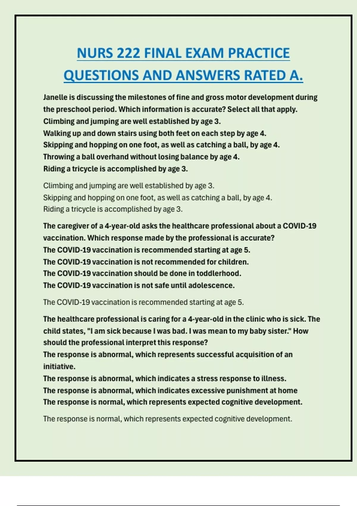 NURS 222 FINAL EXAM PRACTICE QUESTIONS AND ANSWERS RATED A. - NURS 222 ...