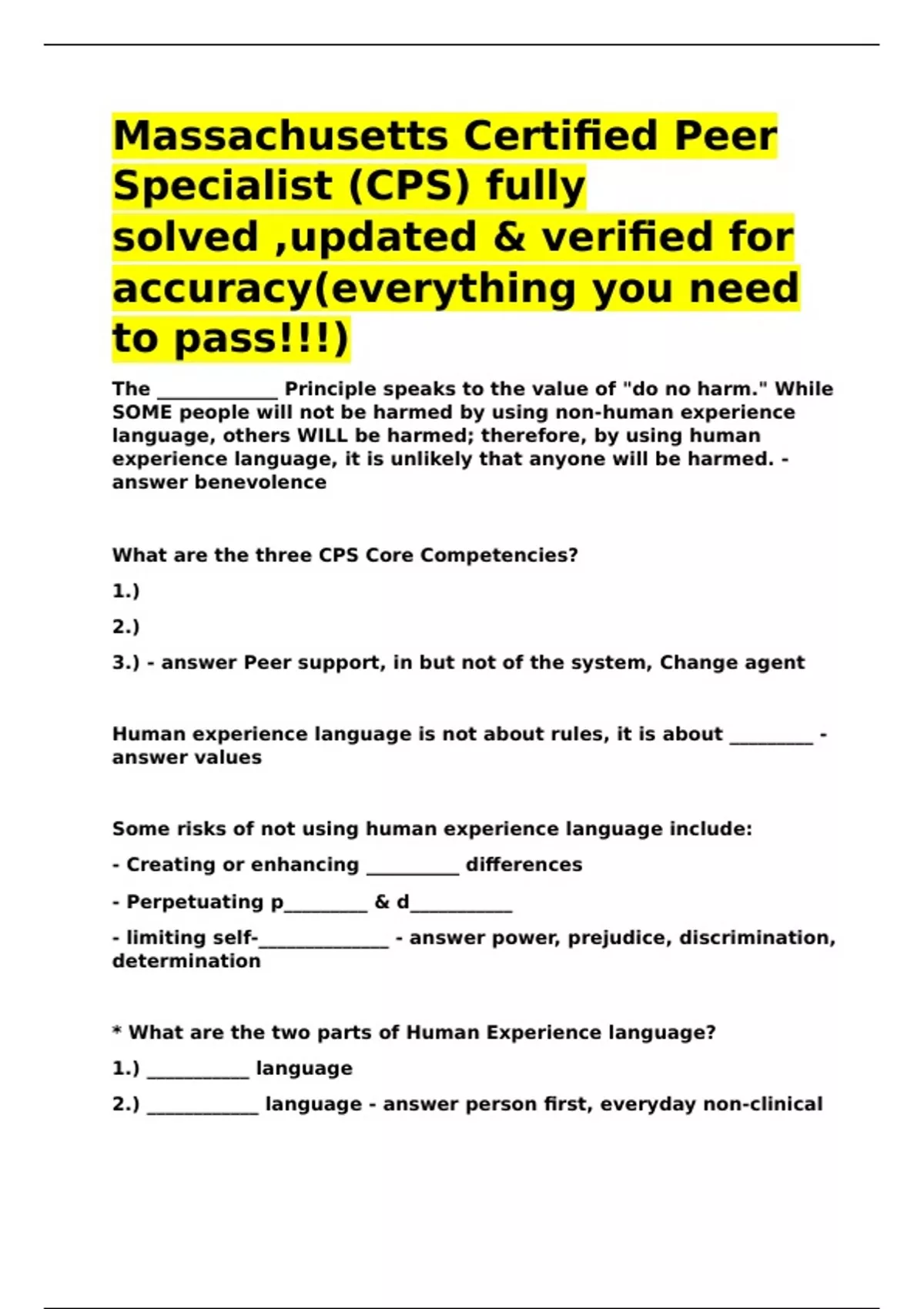 Massachusetts Certified Peer Specialist (CPS) fully solved ,updated & verified for accuracy ...
