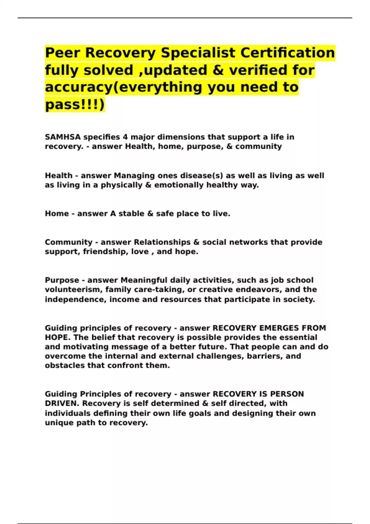 Peer Recovery Specialist Certification fully solved ,updated & verified ...