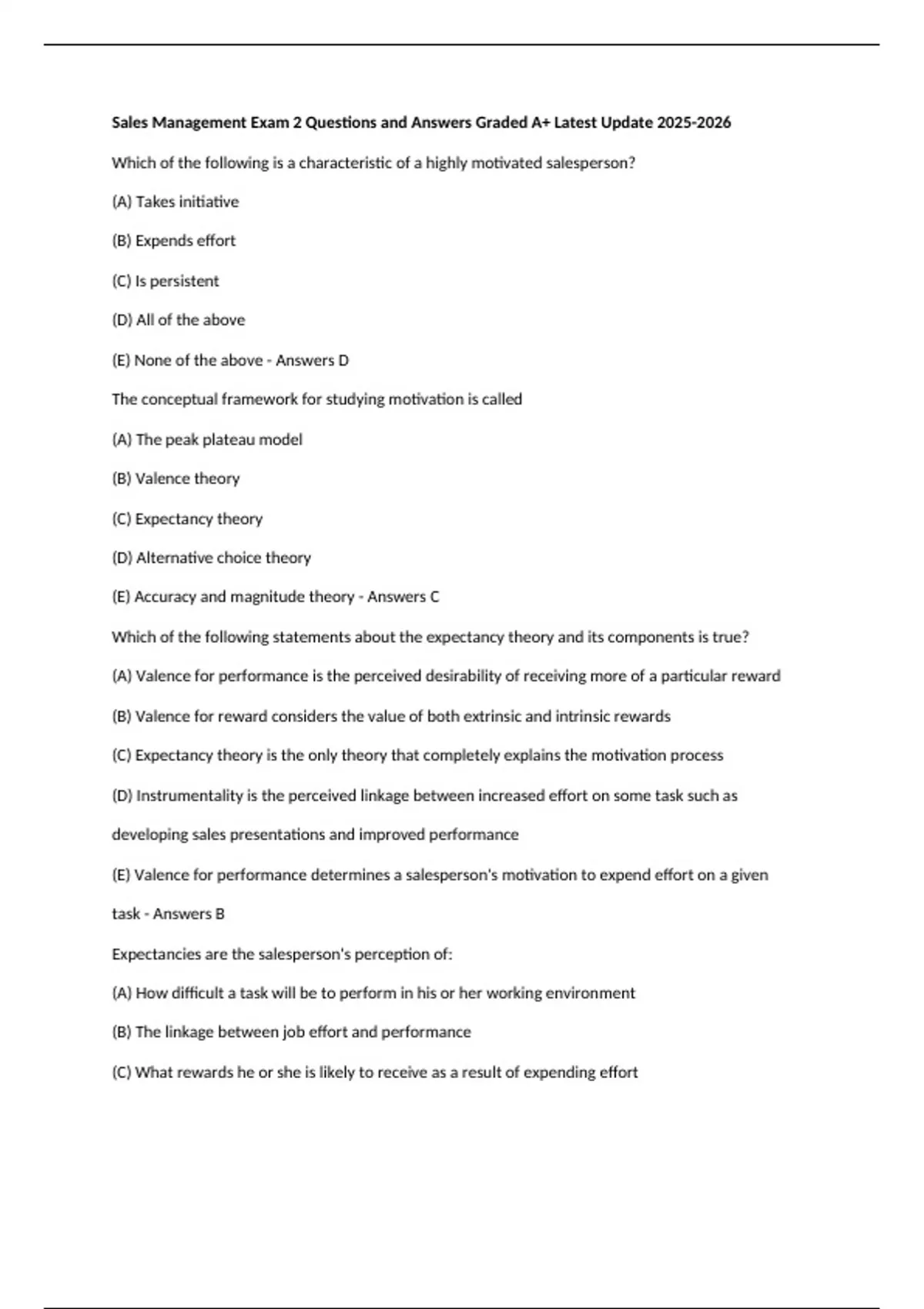 Sales Management Exam 2 Questions and Answers Graded A+ Latest Update ...