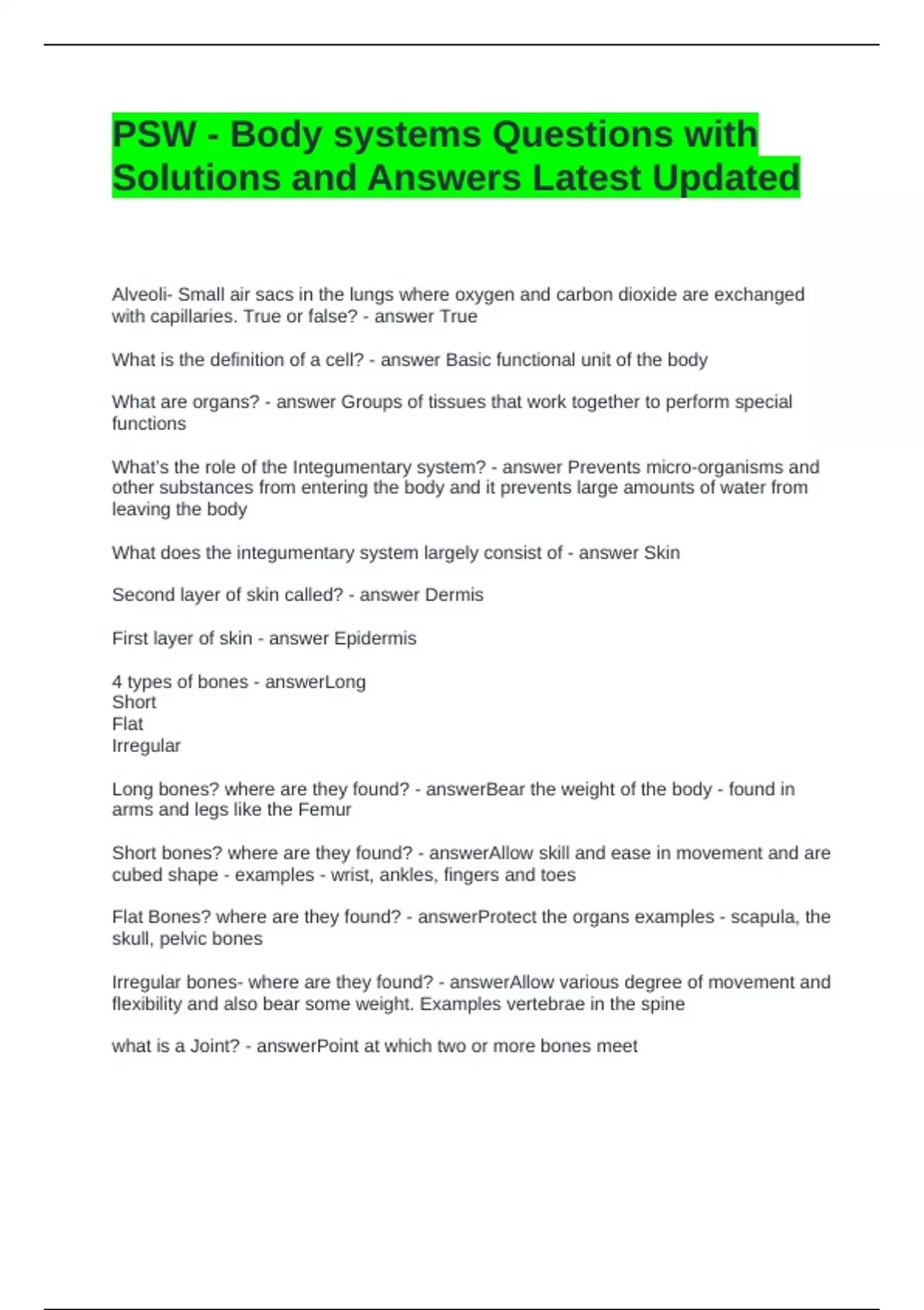 PSW - Body systems Questions with Solutions and Answers Latest Updated ...