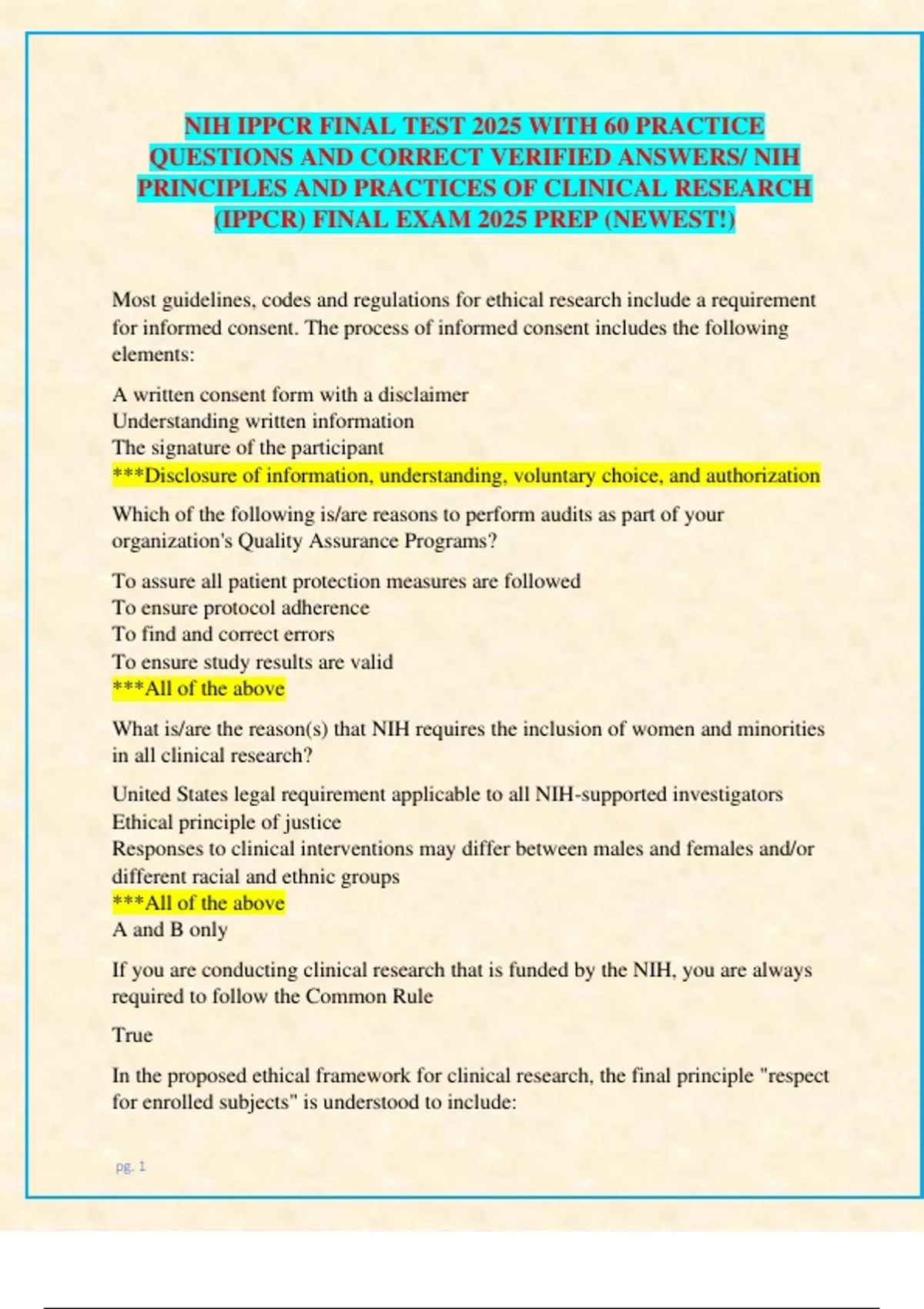 NIH IPPCR FINAL TEST 2025 WITH 60 PRACTICE QUESTIONS AND CORRECT ...