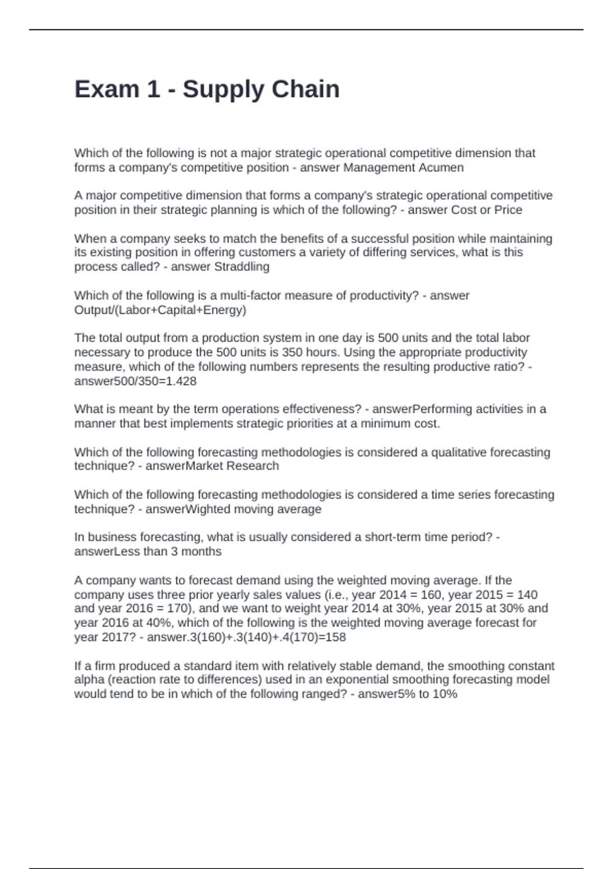 Exam 1 - Supply Chain Questions and Answers - CPFA - Stuvia US