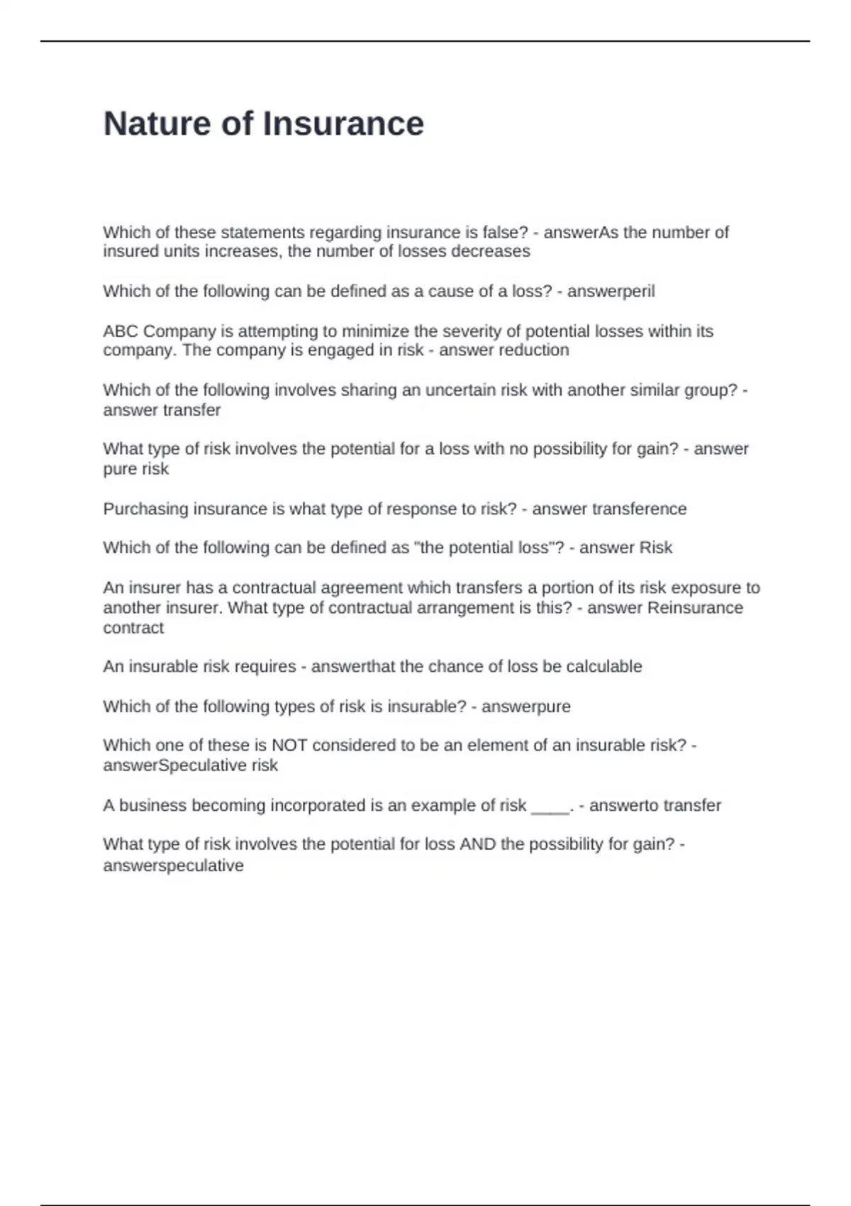 Nature of Insurance Questions and Answers 100% Correct - CPFA - Stuvia US