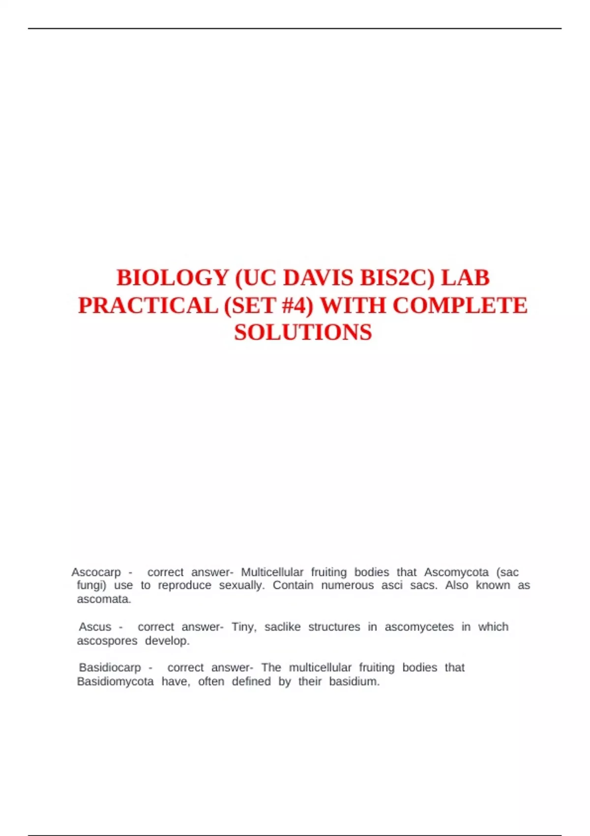 BIOLOGY (UC DAVIS BIS2C) LAB PRACTICAL (SET -4) WITH COMPLETE SOLUTIONS ...