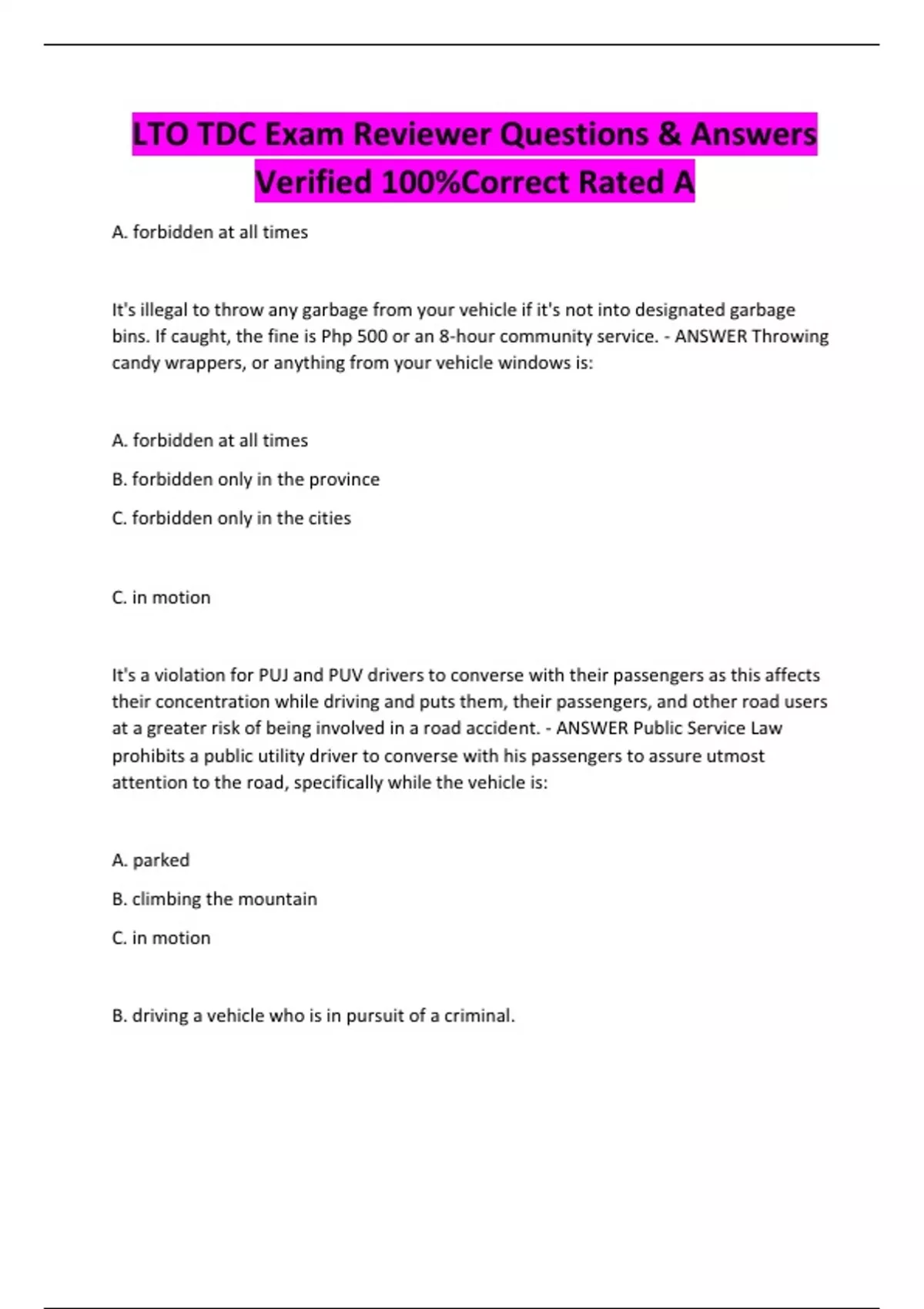 LTO TDC Exam Reviewer Questions & Answers Verified 100%Correct Rated A ...