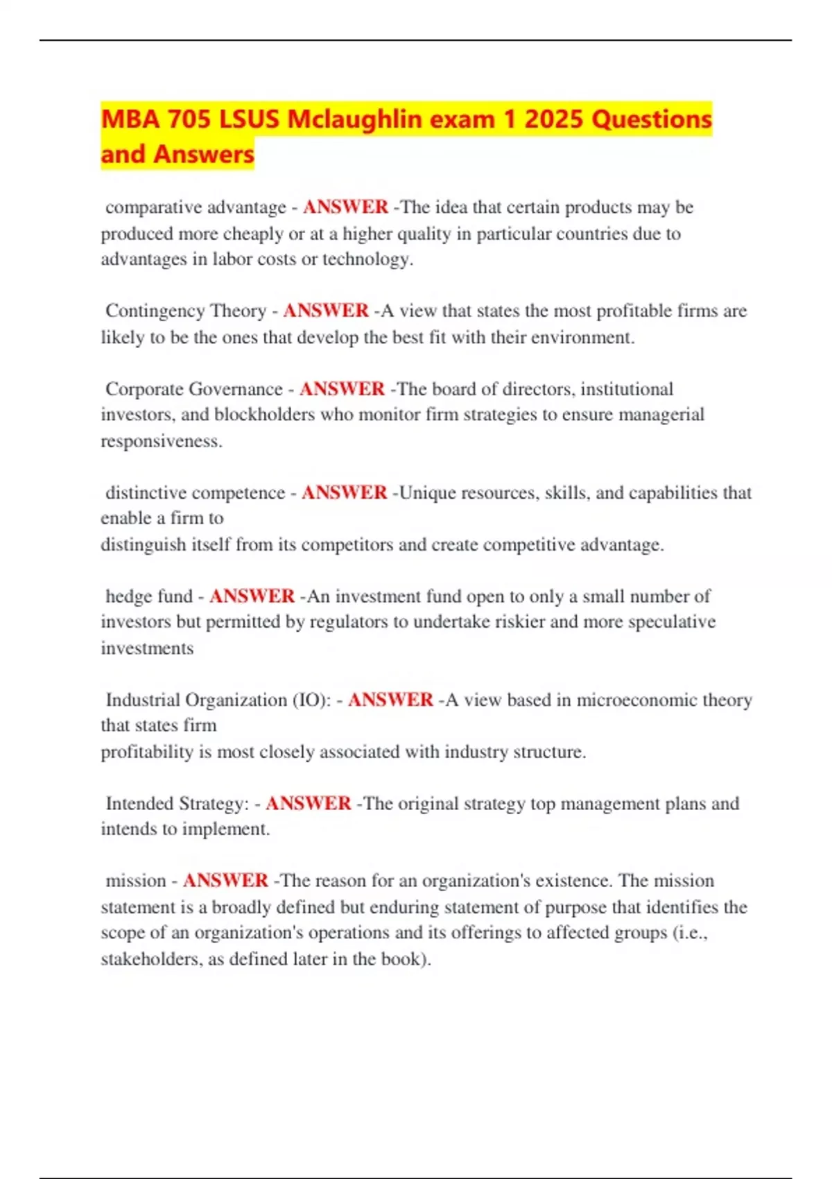 MBA 705 LSUS Mclaughlin exam 1 2025 Questions and Answers - MBA 705 ...