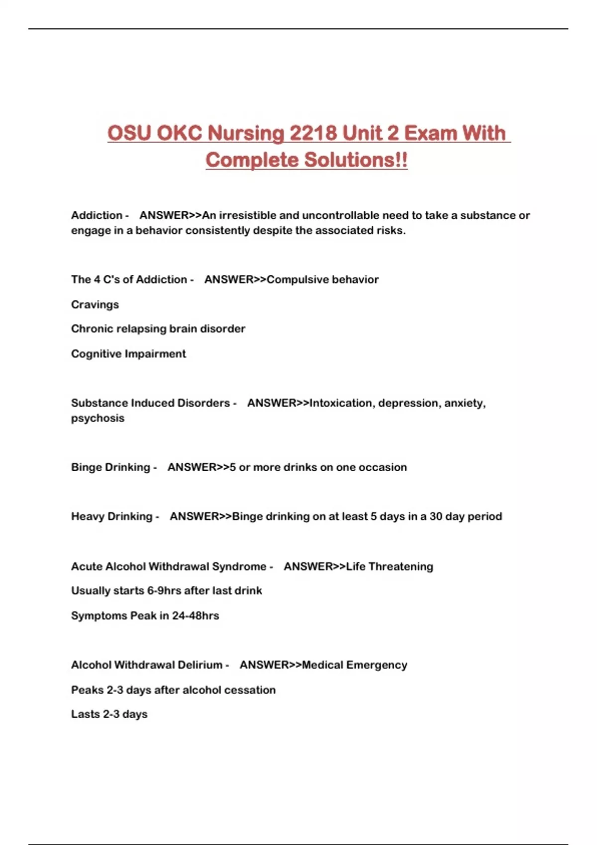 OSU OKC Nursing 2218 Unit 2 Exam With Complete Solutions!! - OSU OKC ...