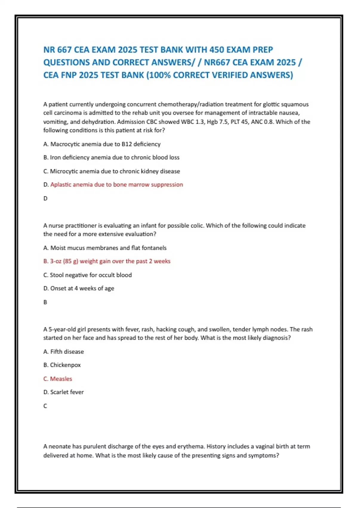 NR 667 CEA EXAM 2025 TEST BANK WITH 450 EXAM PREP QUESTIONS AND CORRECT ...