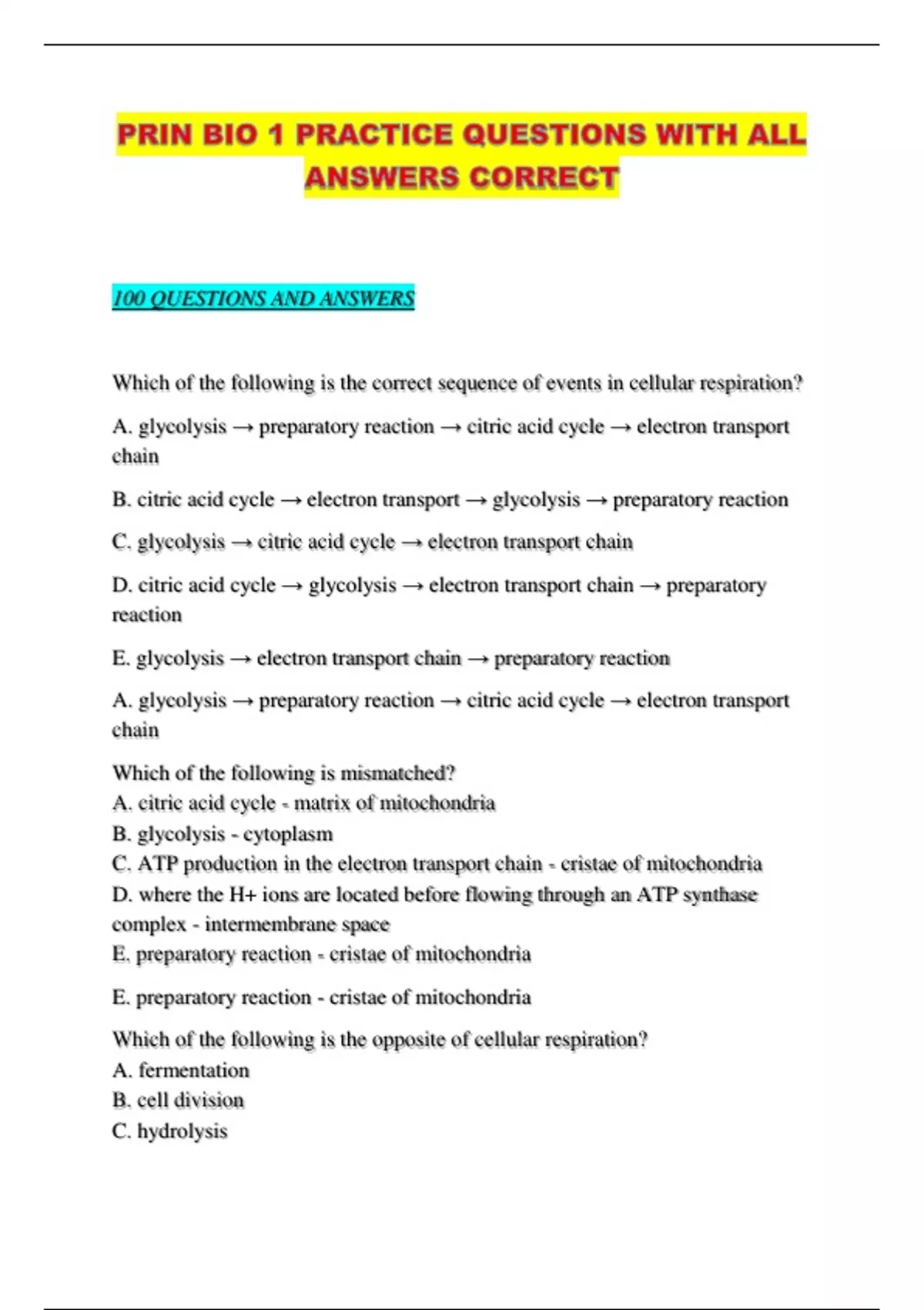 ALL PRIN OF BIO /PRINCIPLES OF BIOLOGY PACKAGED EXAMS: QUESTIONS WITH ...