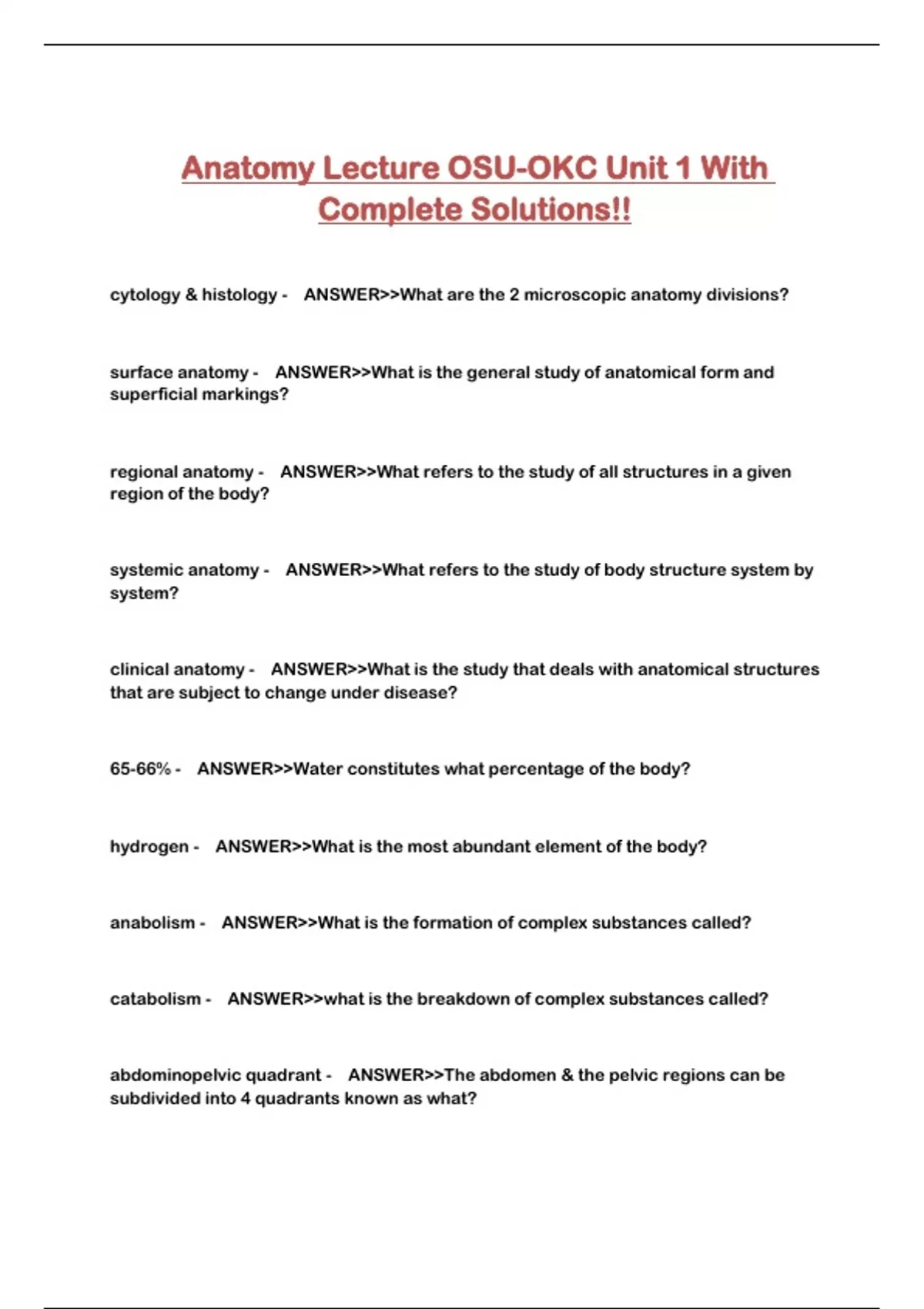 Anatomy Lecture OSU-OKC Unit 1 With Complete Solutions!! - Anatomy ...